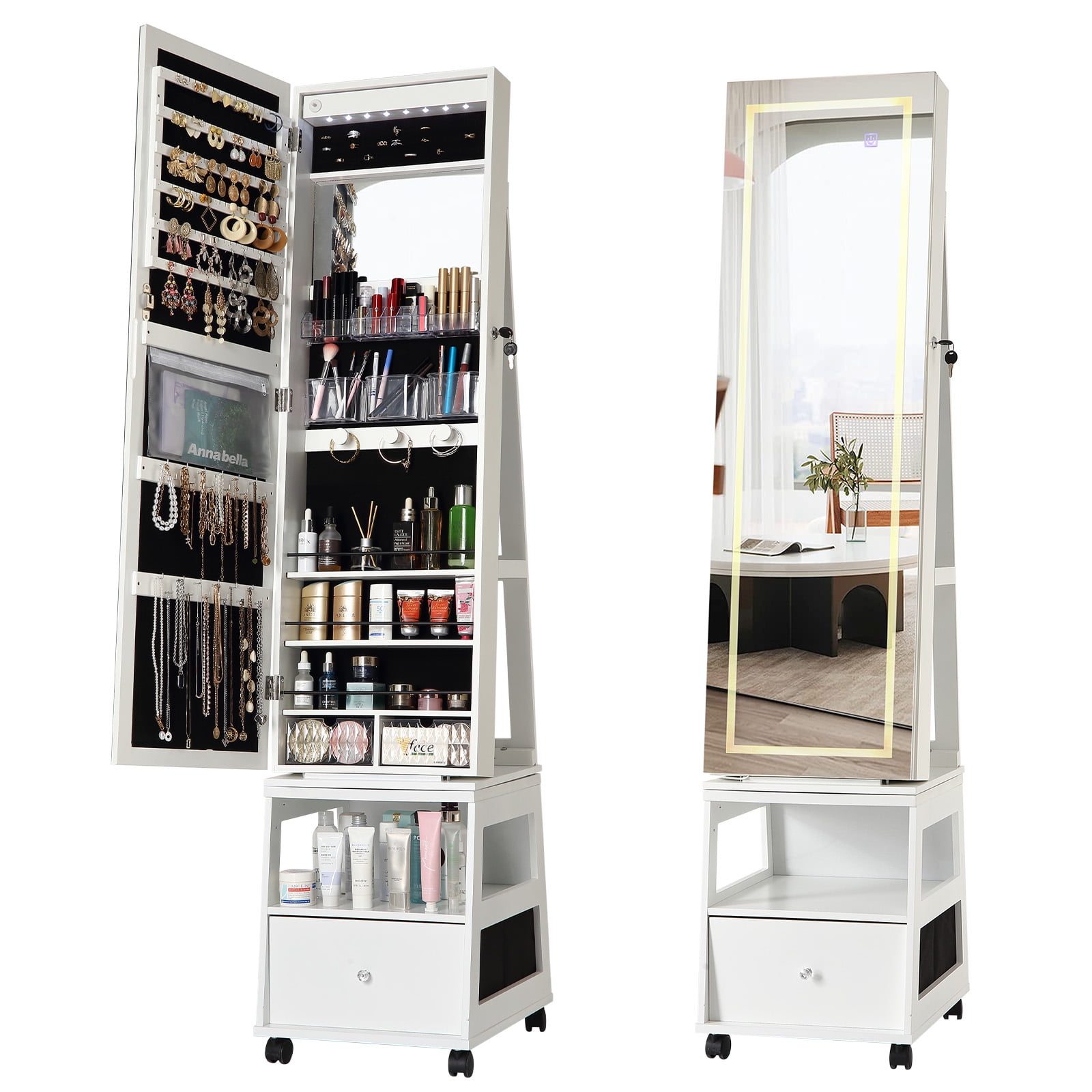 Garvee Jewelry Organizer Cabinet with Full-Length Mirror, 360° Rotating ...