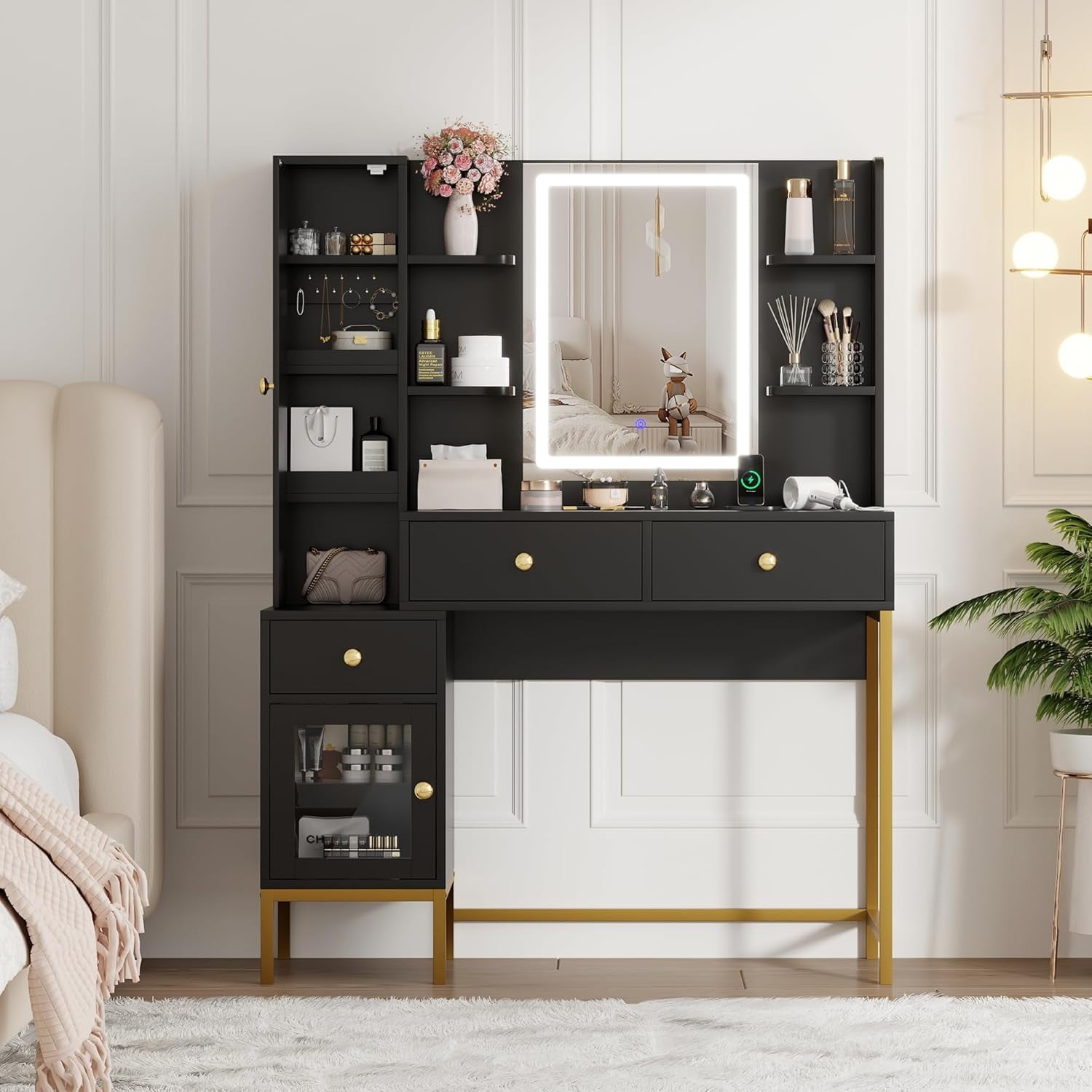 Garvee Makeup Vanity and Stool, Vanity Desk with Lights in 3 Colors ...