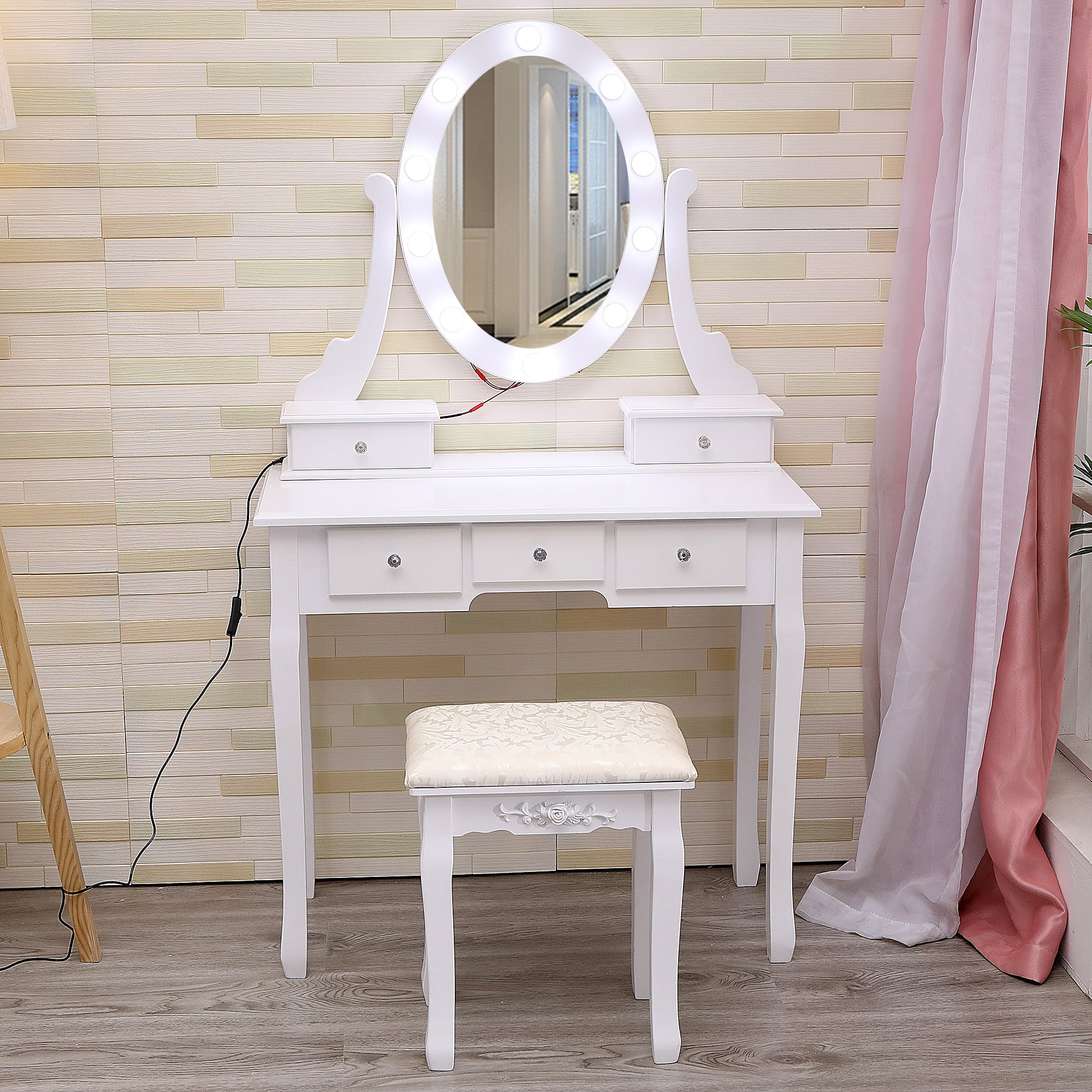 Garvee Modern White Vanity Dressing Table with Oval LED Mirror – 3 ...
