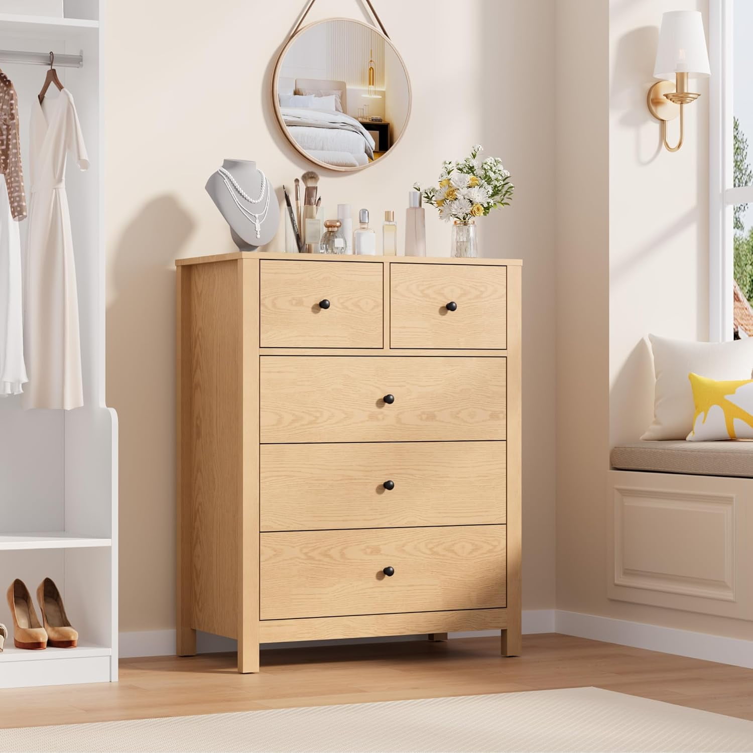 Garvee Natural Oak 5-Drawer Dresser for Bedroom, Modern Tall Dresser ...