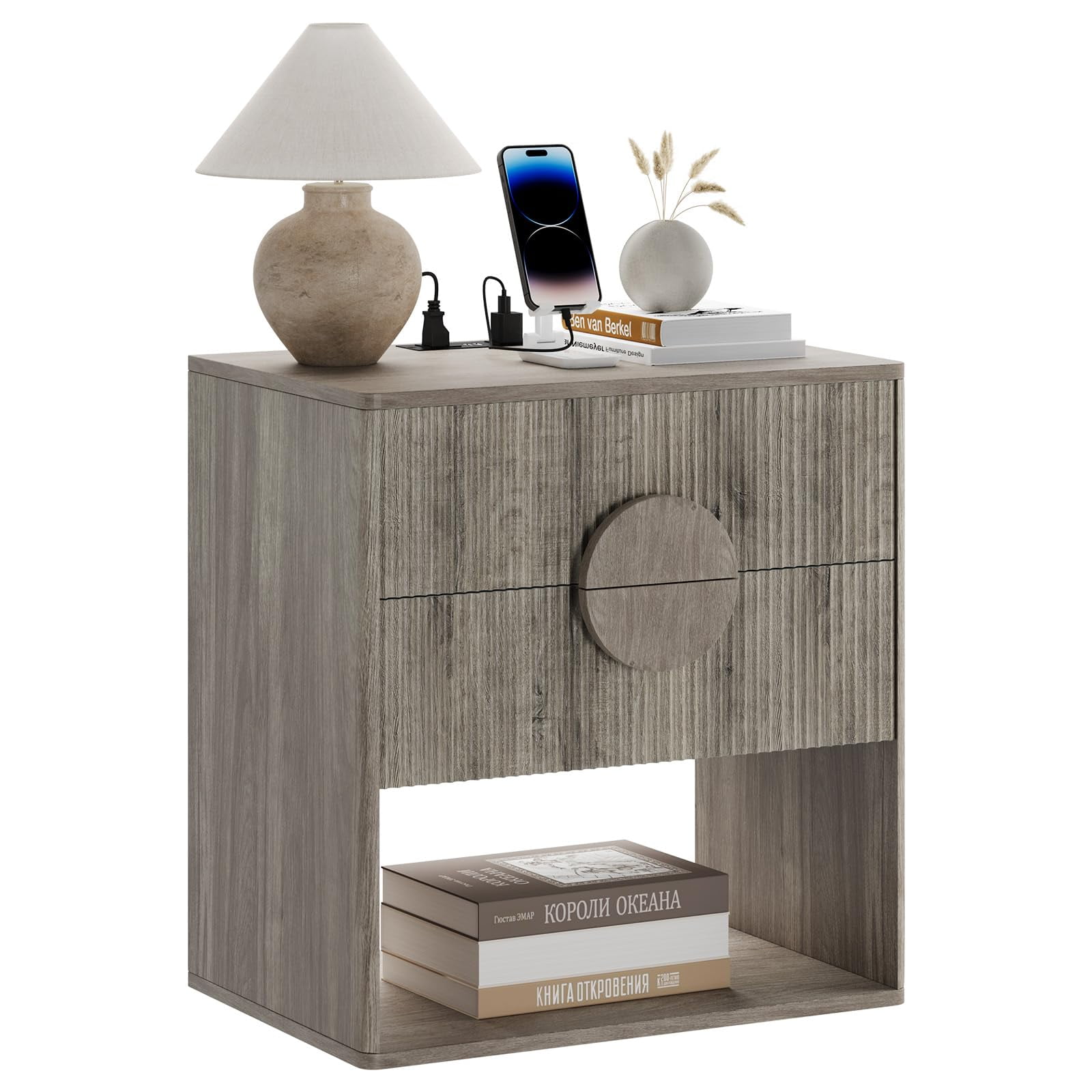 Garvee Nightstands with Charging Station, Fluted Nightstand with Open ...
