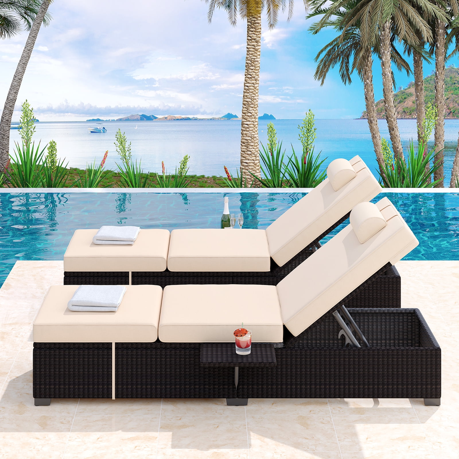 Garvee Outdoor PE Wicker Chaise Lounge Set of 2, Patio Rattan Wicker ...