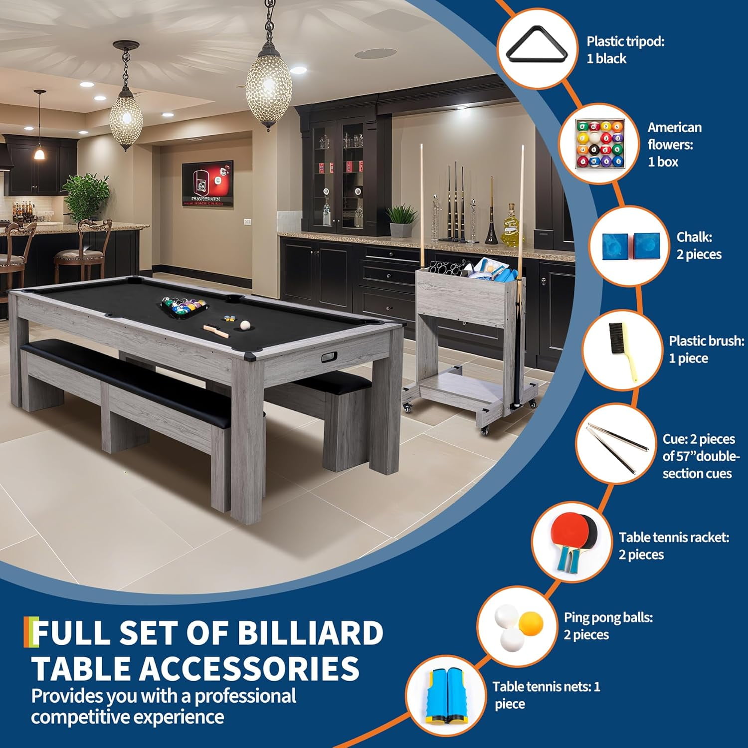 Garvee Pool Table with Dining Top and Table Tennis Complete Set with ...