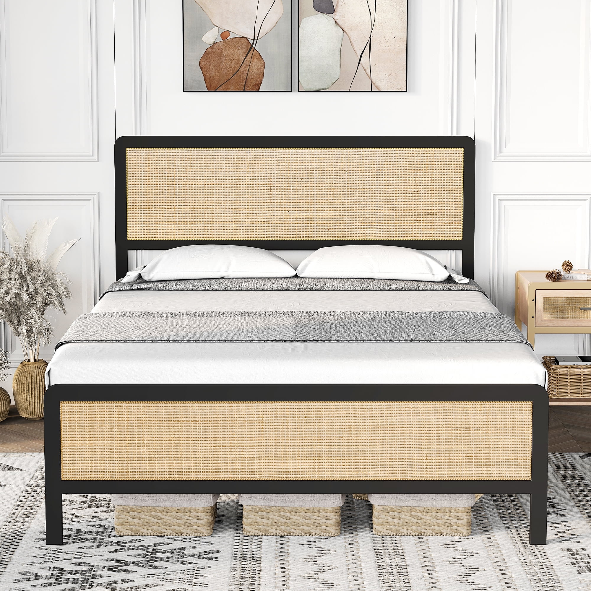 Garvee Queen Size Metal Bed Frame with Rattan Headboard and Footboard ...