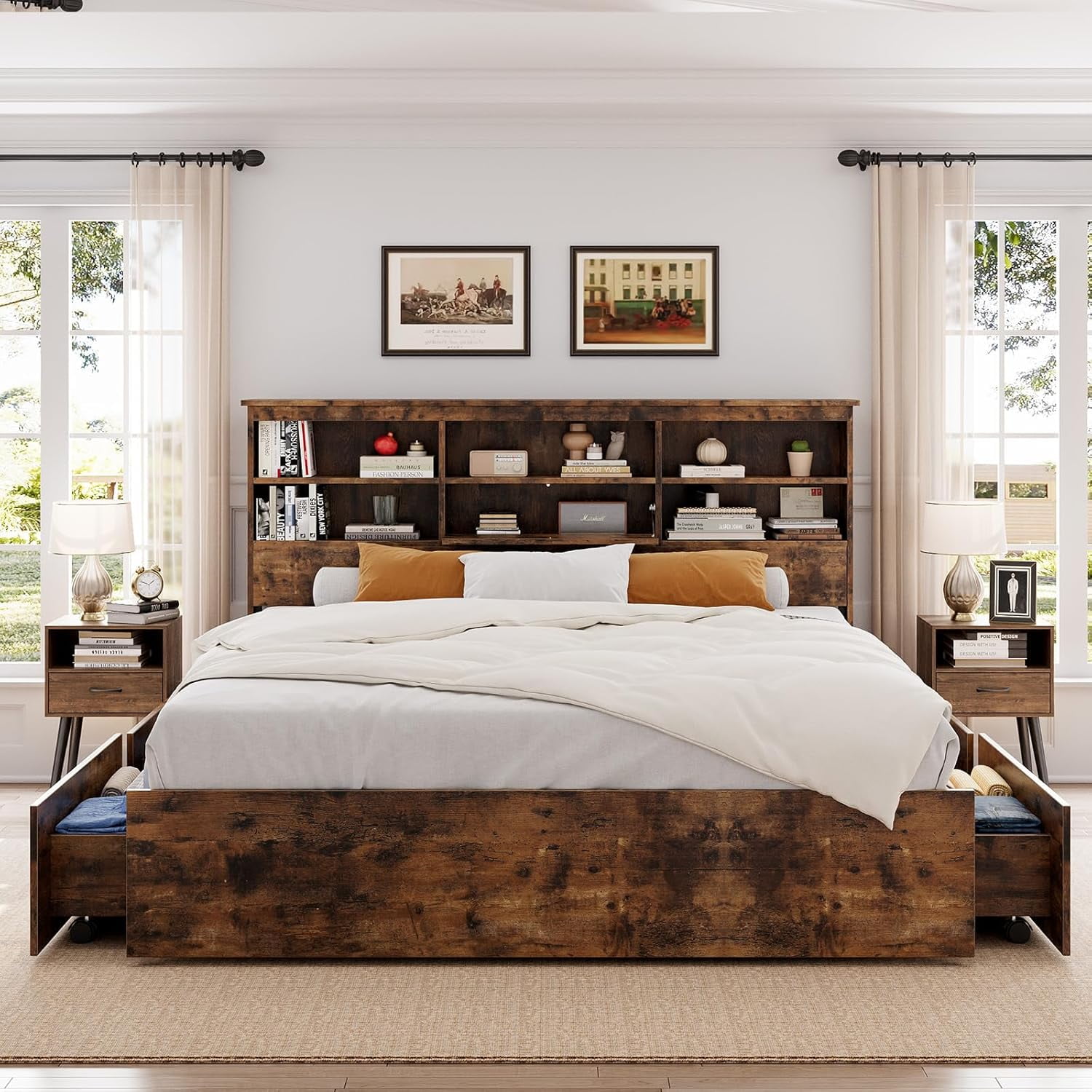 Garvee Queen Size Storage Wooden Bed Frame with Bookcase Headboard, 4 ...