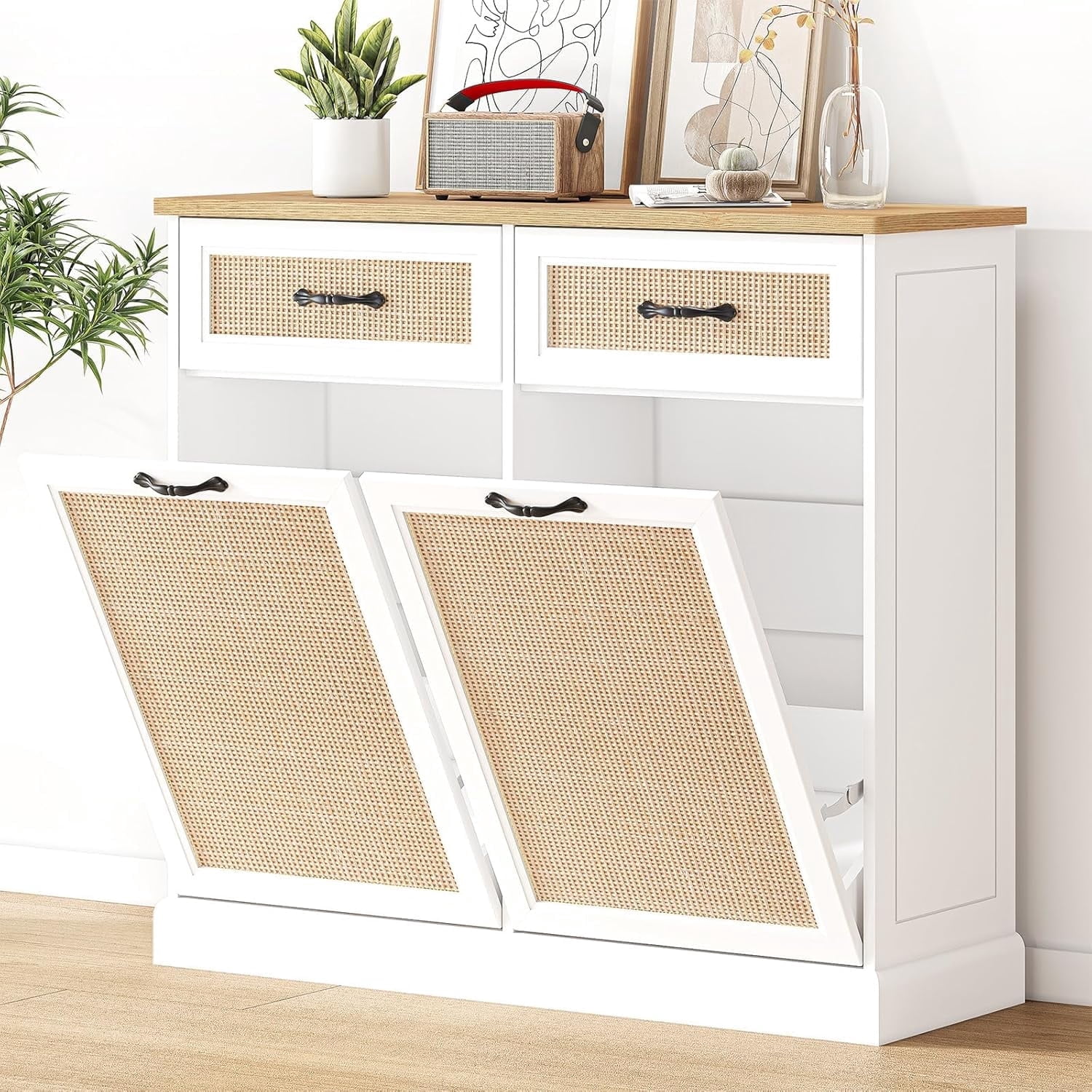 Garvee Rattan Double Trash Cabinet with Tilt Out, 20 Gal Storage, Dual ...