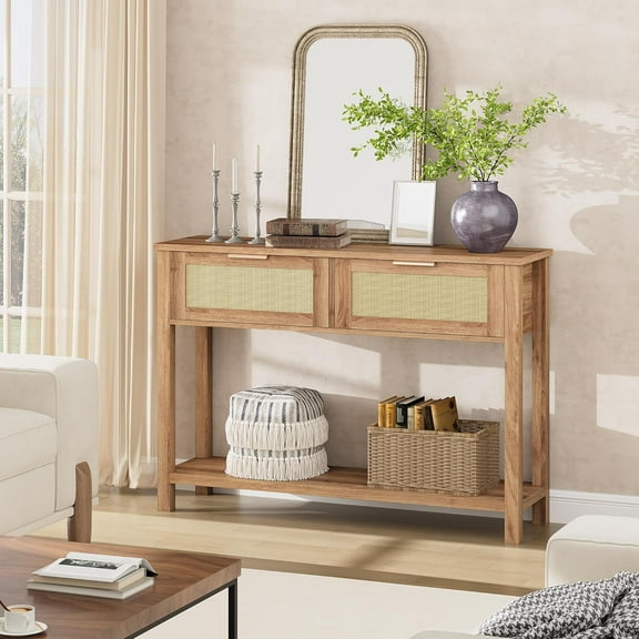 Console Table for Entryway, Rattan Entryway Table with 2 Drawers, 2 ...
