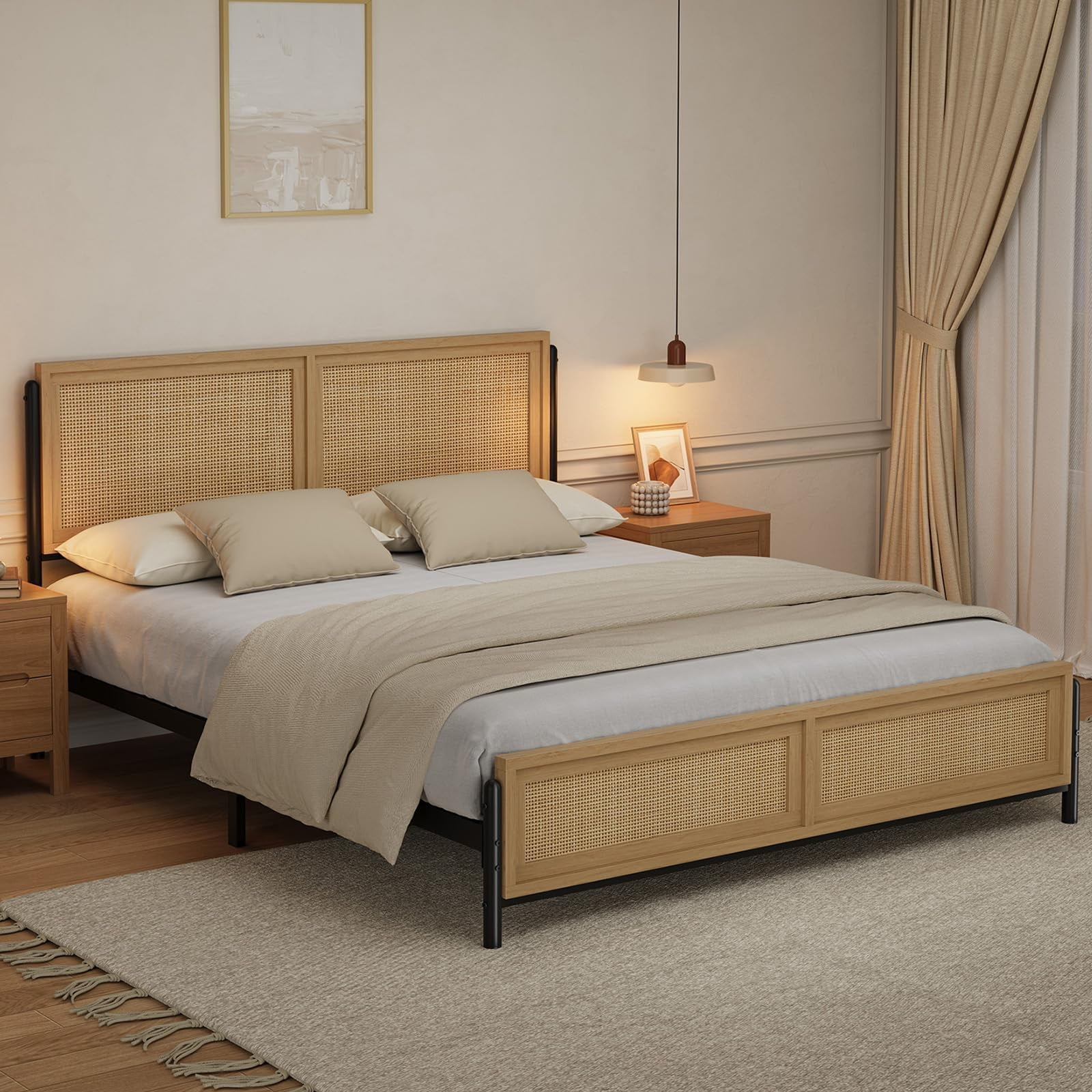 Garvee Rattan Headboard & Footboard Full Bed Frame - Boho Style Wooden ...