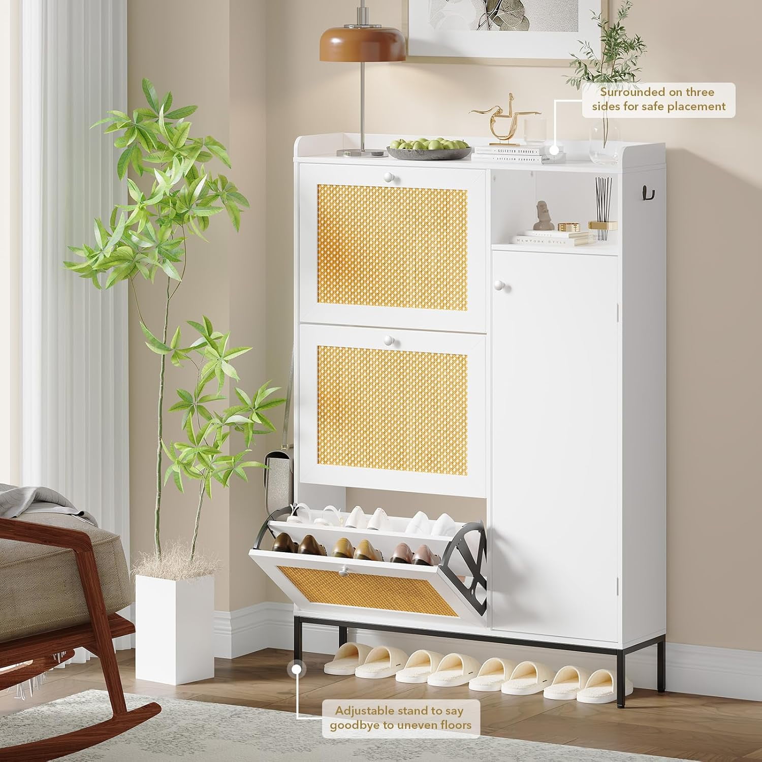 Garvee Rattan Shoe Cabinet, 3-Tier Shoe Cabinet with Flip Drawers ...