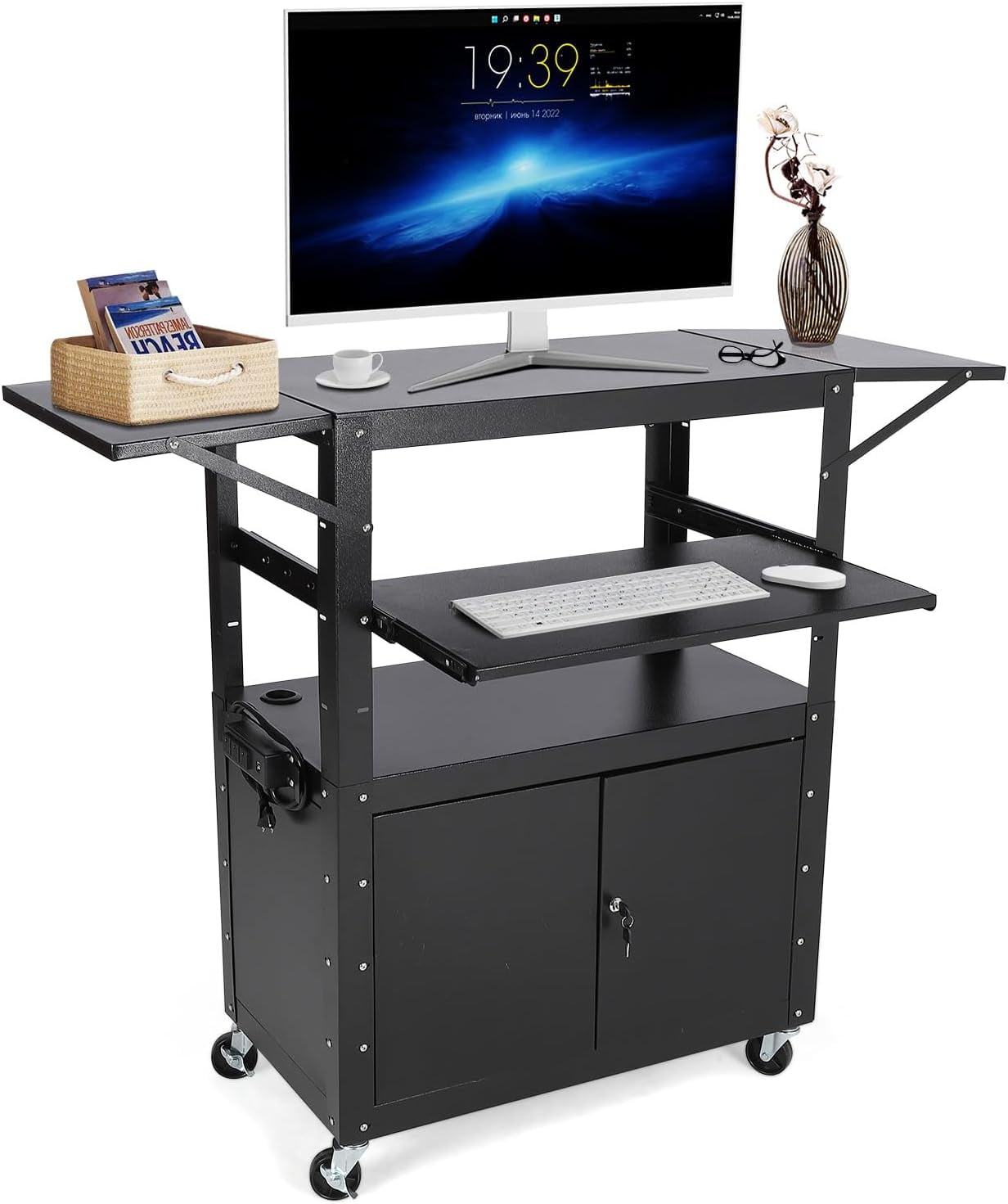 Garvee Rolling AV Cart with Locking Cabinet, Laptop Stand, and Drop ...