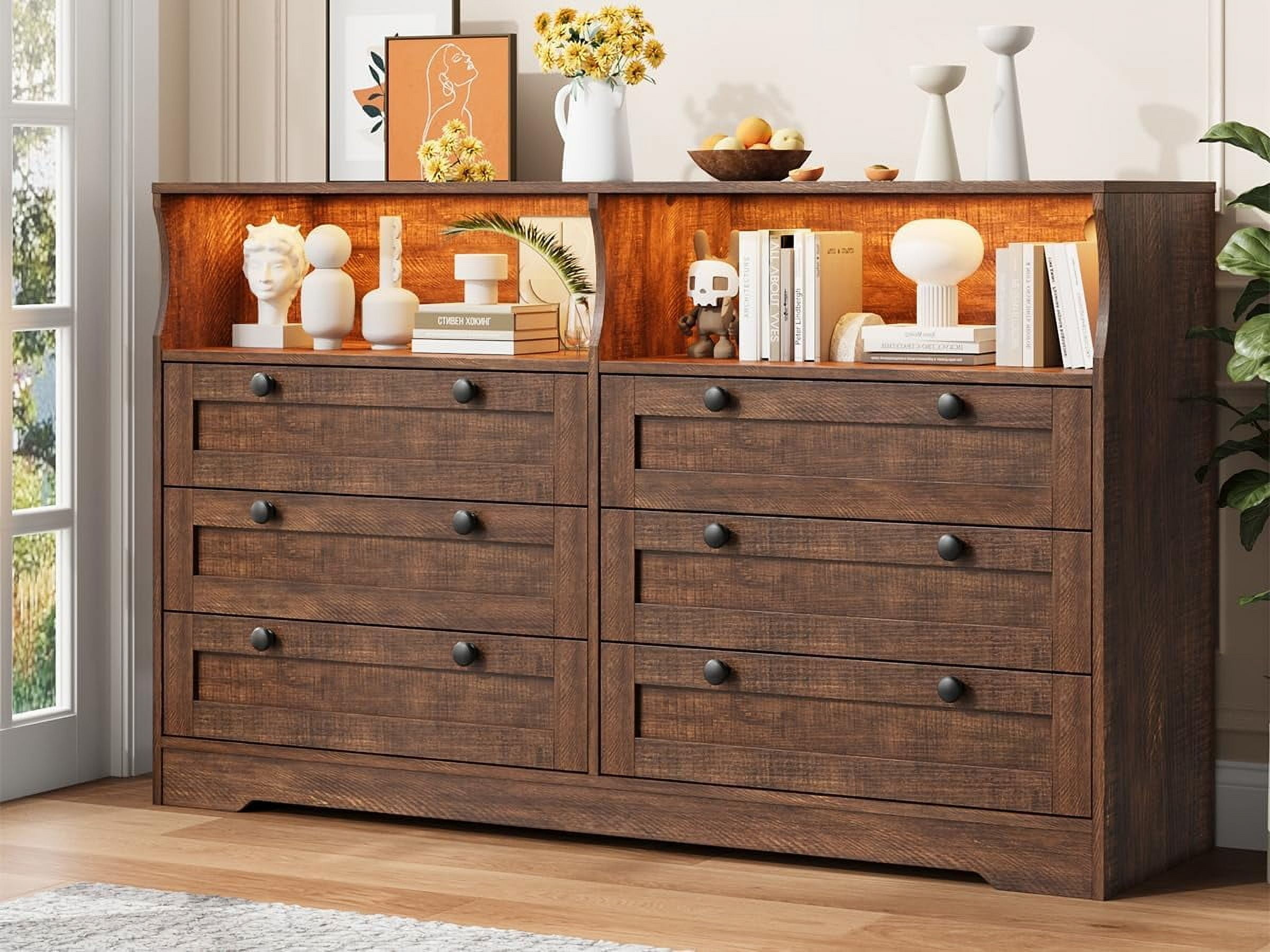 Garvee Rustic Bedroom Dresser with Electrical Outlet and LED Lights ...