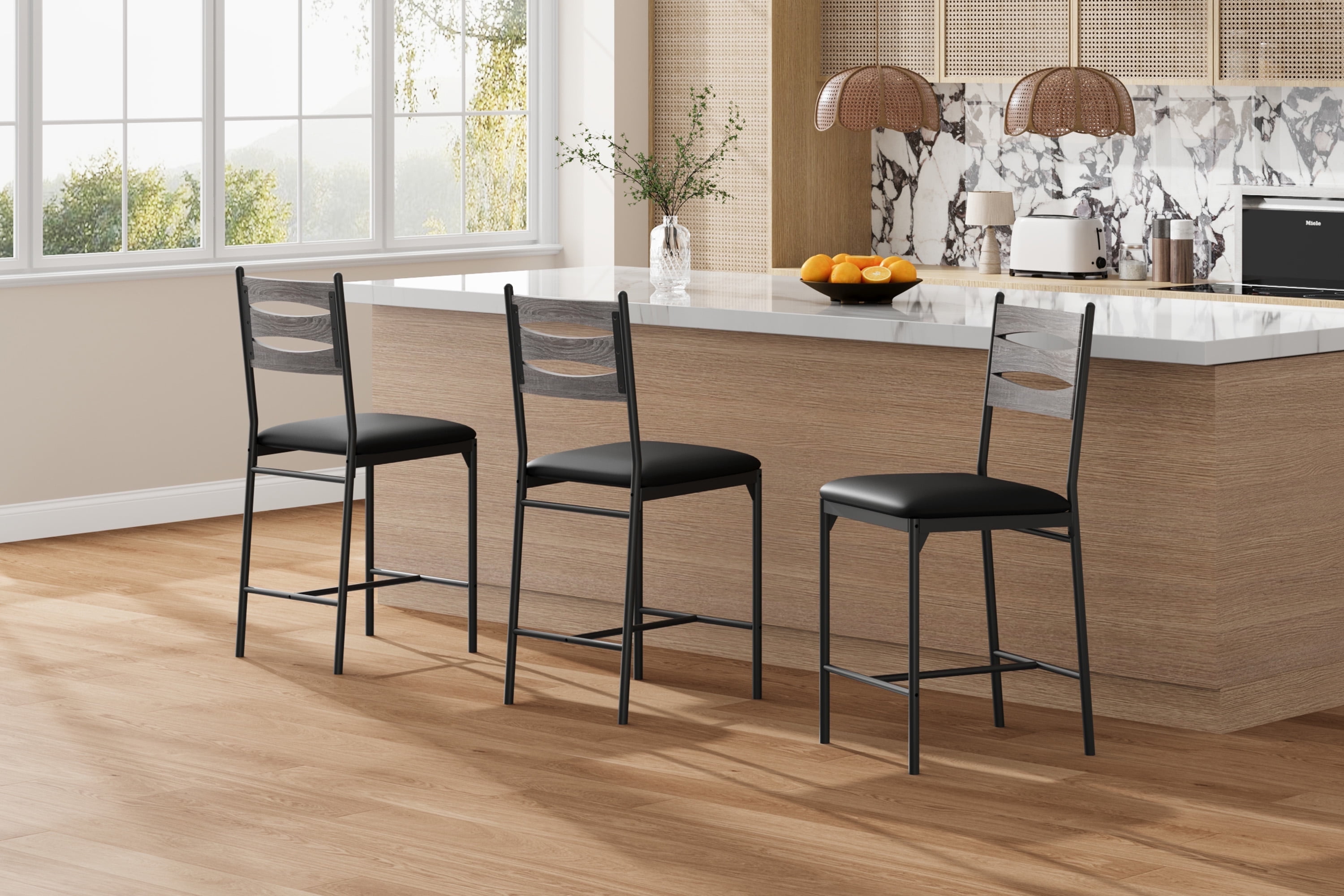 Garvee Bar Stools Set of 4, Wooden Barstools, Faux Leather Upholstered ...