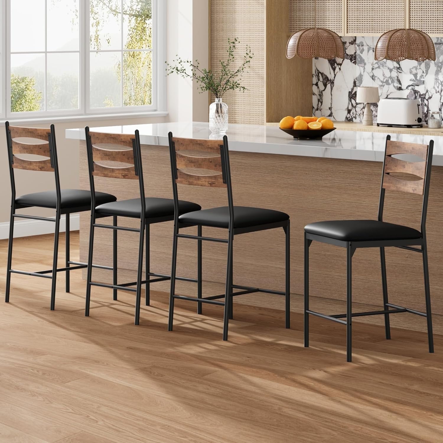 Garvee Bar Stools Set of 4, Wooden Barstools, Faux Leather Upholstered ...