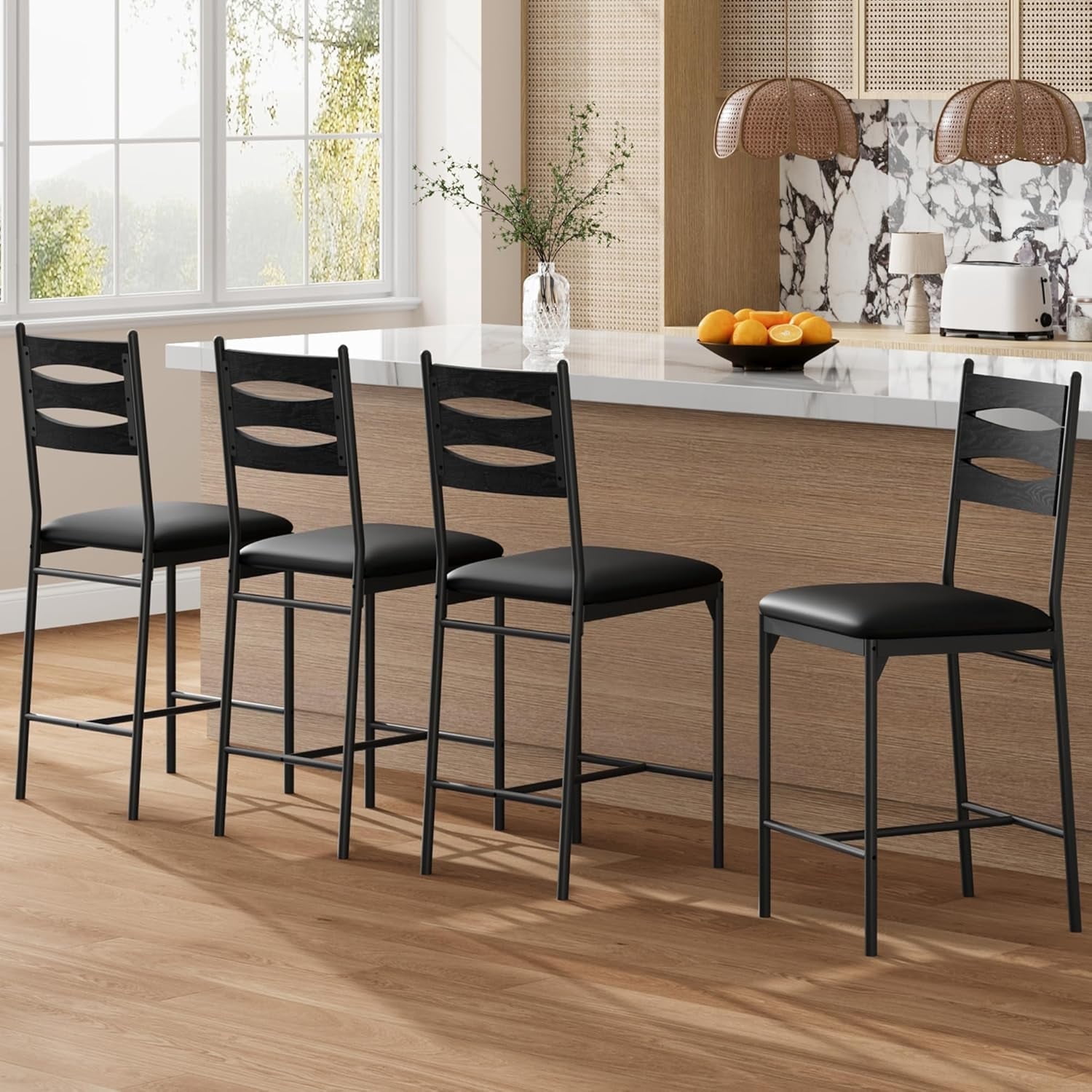 Garvee Bar Stools Set of 4, Wooden Barstools, Faux Leather Upholstered ...