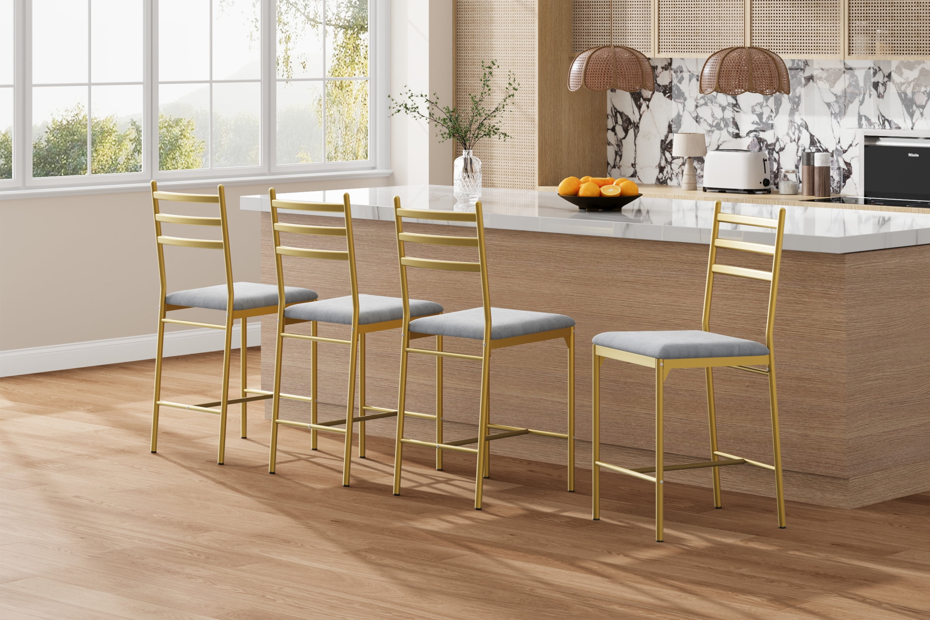 Garvee Set of 4 Faux Leather Bar Stools with Backrest, 4" Thick Cushion ...