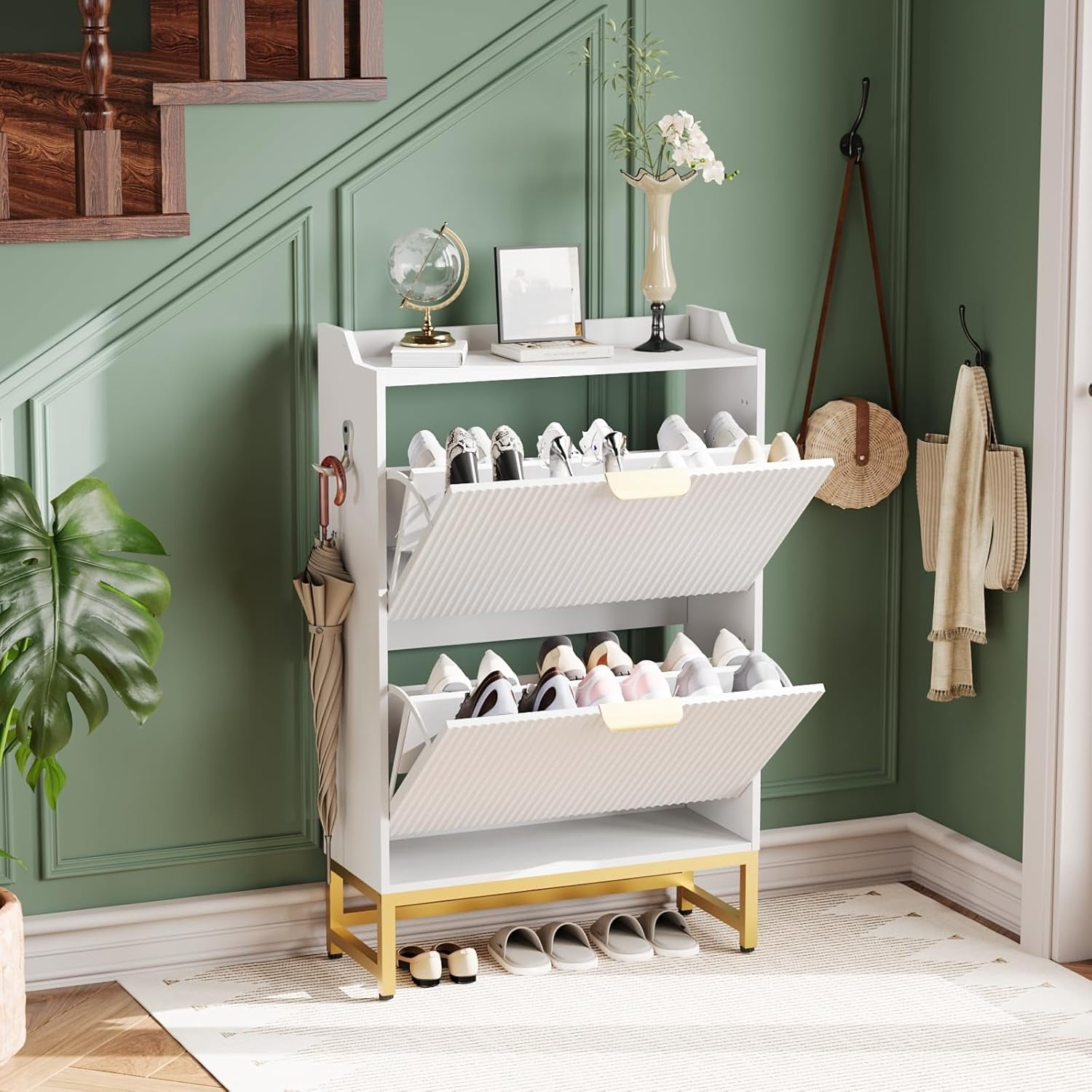 Garvee Shoe Cabinet with 2 Flip Drawers, Freestanding Fluted Shoe ...