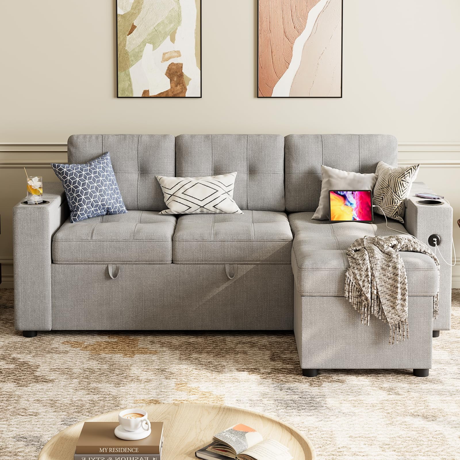 Garvee Sofa Bed- 2 in 1 Pull Out Couch Bed with Storage Space and Arms ...