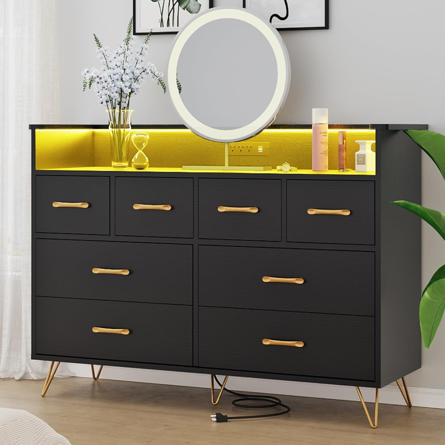Garvee Stylish Black Dresser with LED Lights & Charging Station - 8 ...