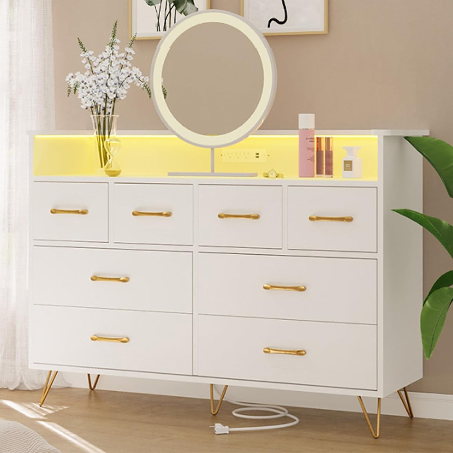 Garvee Stylish White Dresser with LED Lights & Charging Station - 8 ...