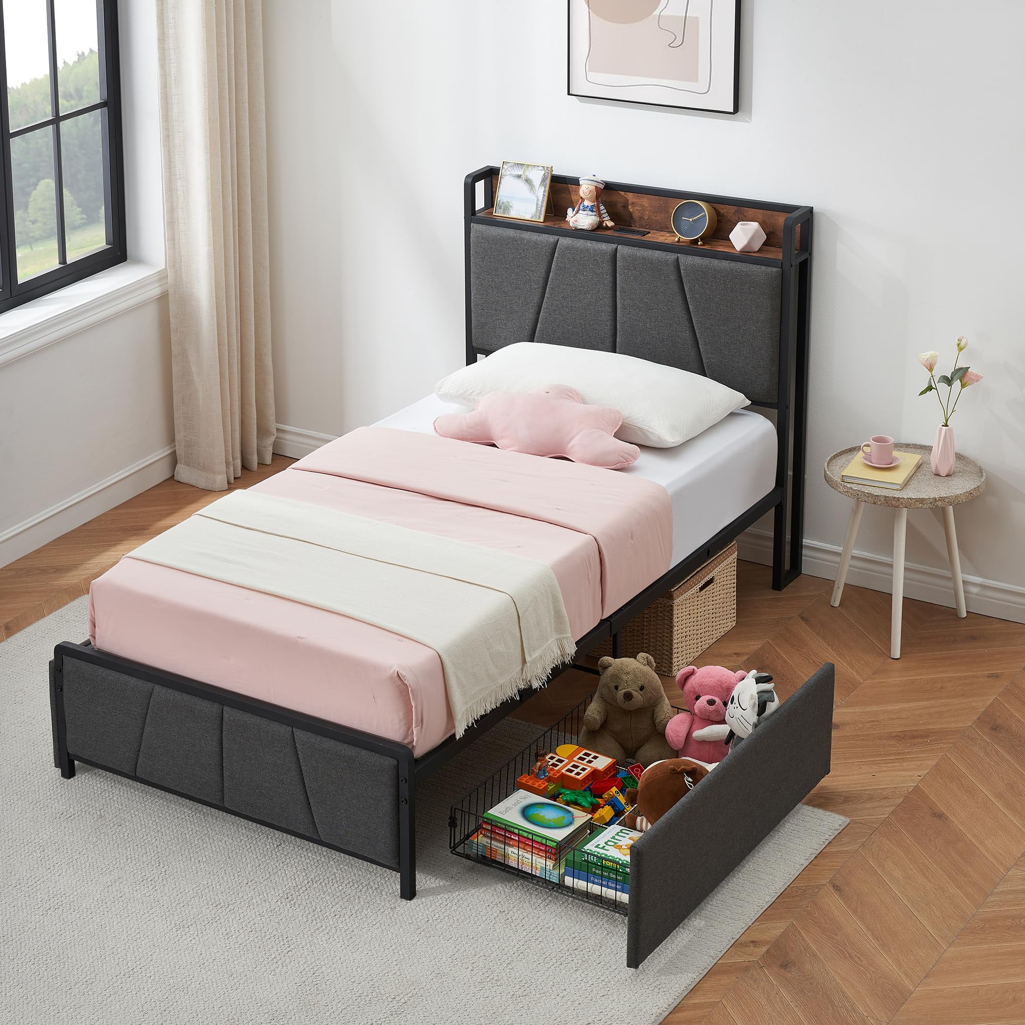 Garvee Twin Bed Frame with 2 Storage Drawers and Charging Station ...