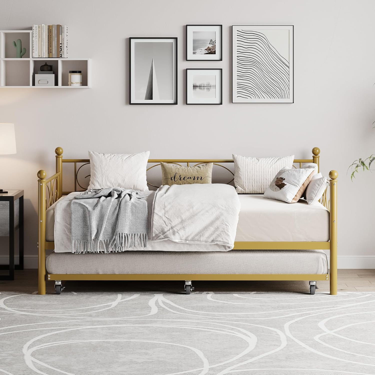 Garvee Twin Daybed with Trundle, Space-Saving Gold Sofa Bed Frame with ...
