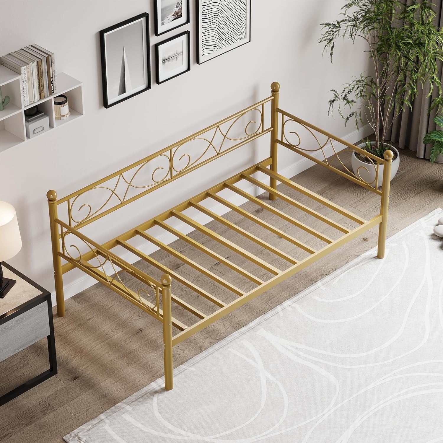 Garvee Twin Size Metal Daybed, Floral Headboard, Heavy Duty, Gold ...
