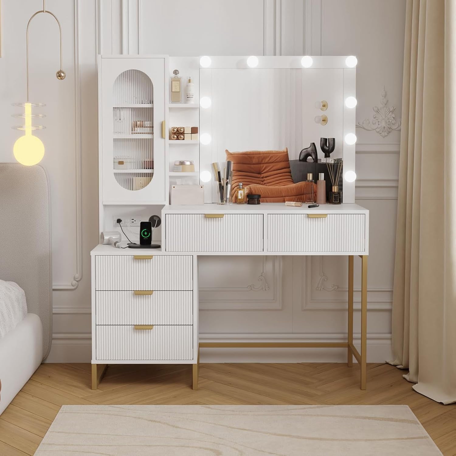 Garvee Vanity Bench with Adjustable Mirror – Modern Makeup Vanity Desk ...