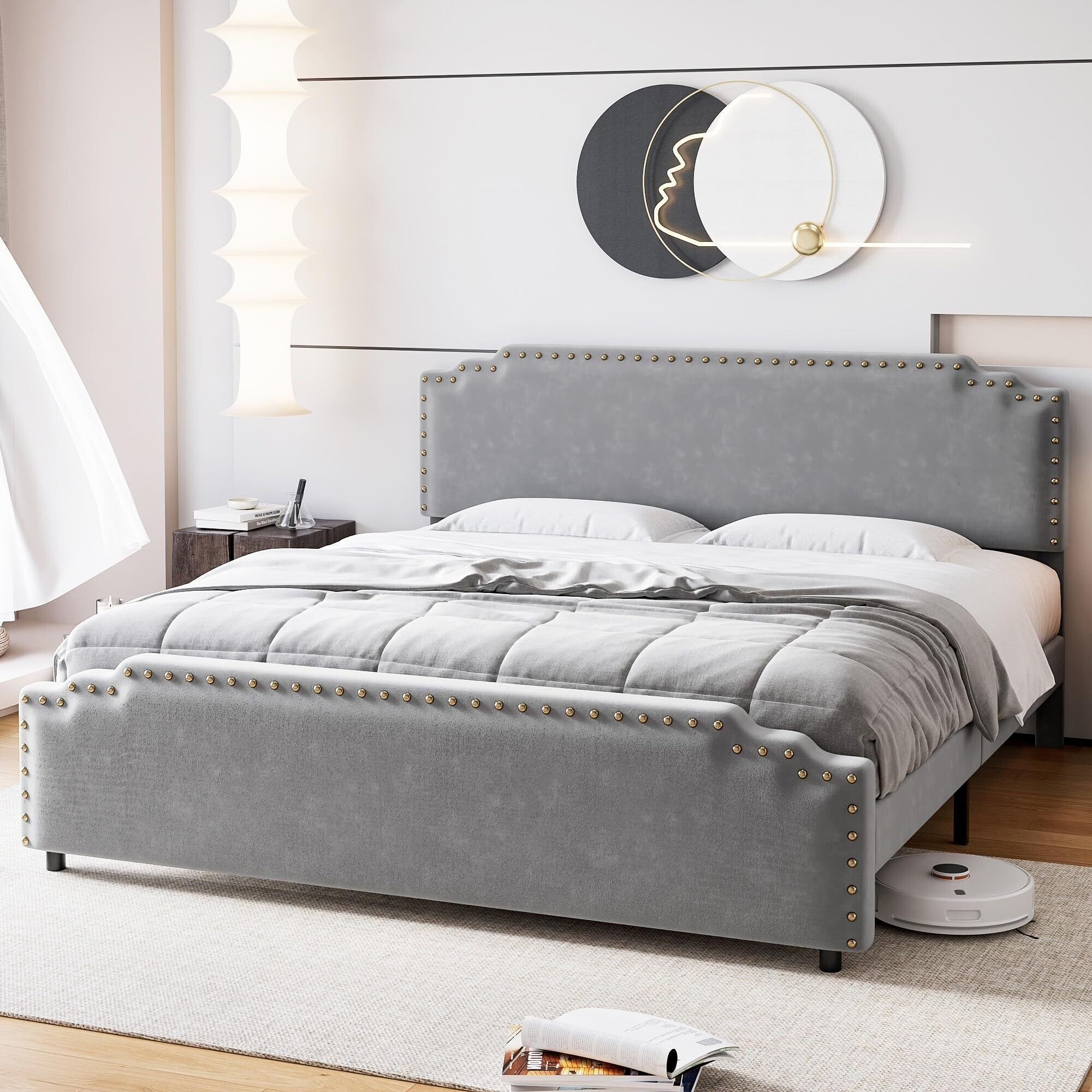 Garvee Velvet Upholstered Platform Bed Frame Grey - King - Walmart.com
