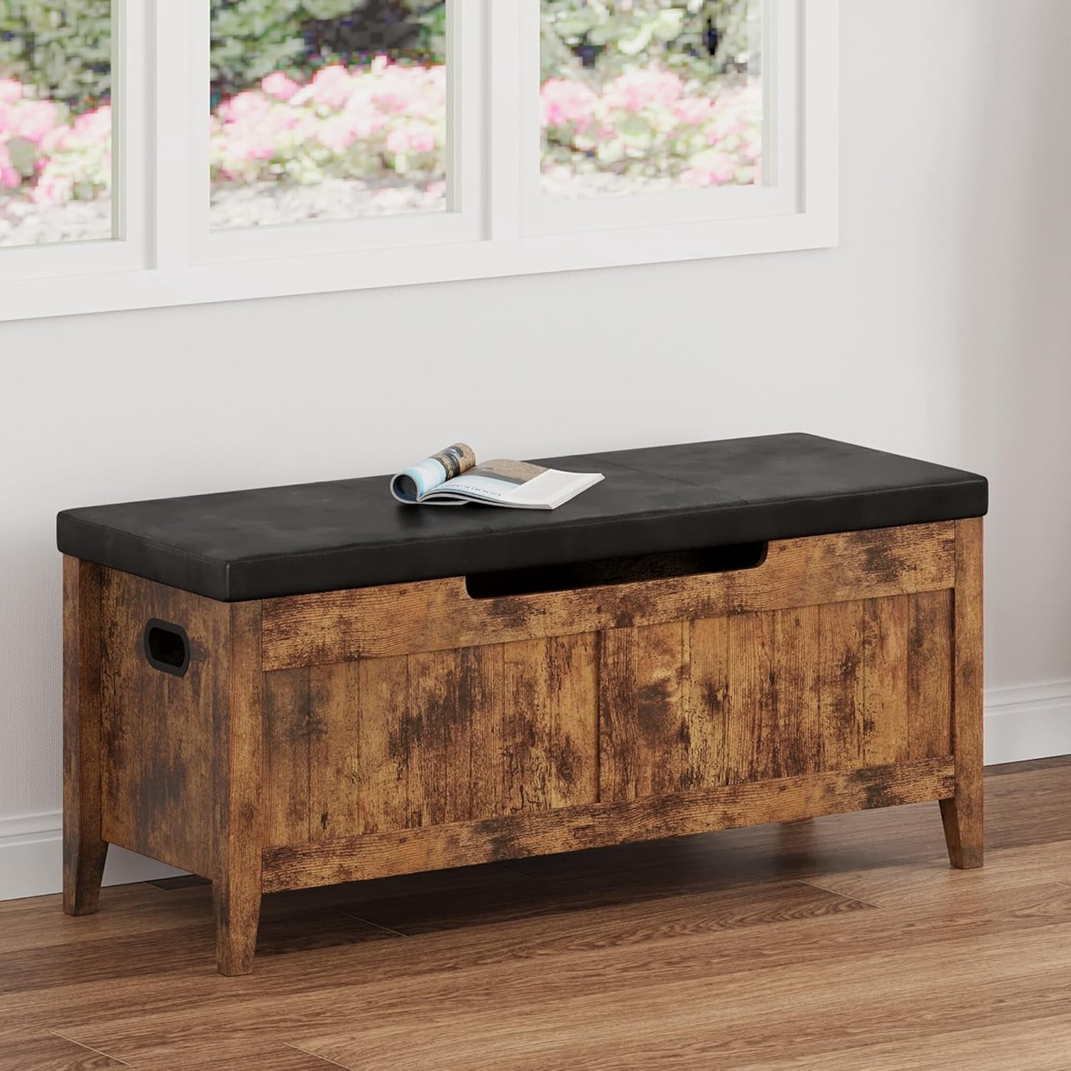 Garvee Wooden Storage Bench with Cushion, Entryway Seat with 2 Safety ...