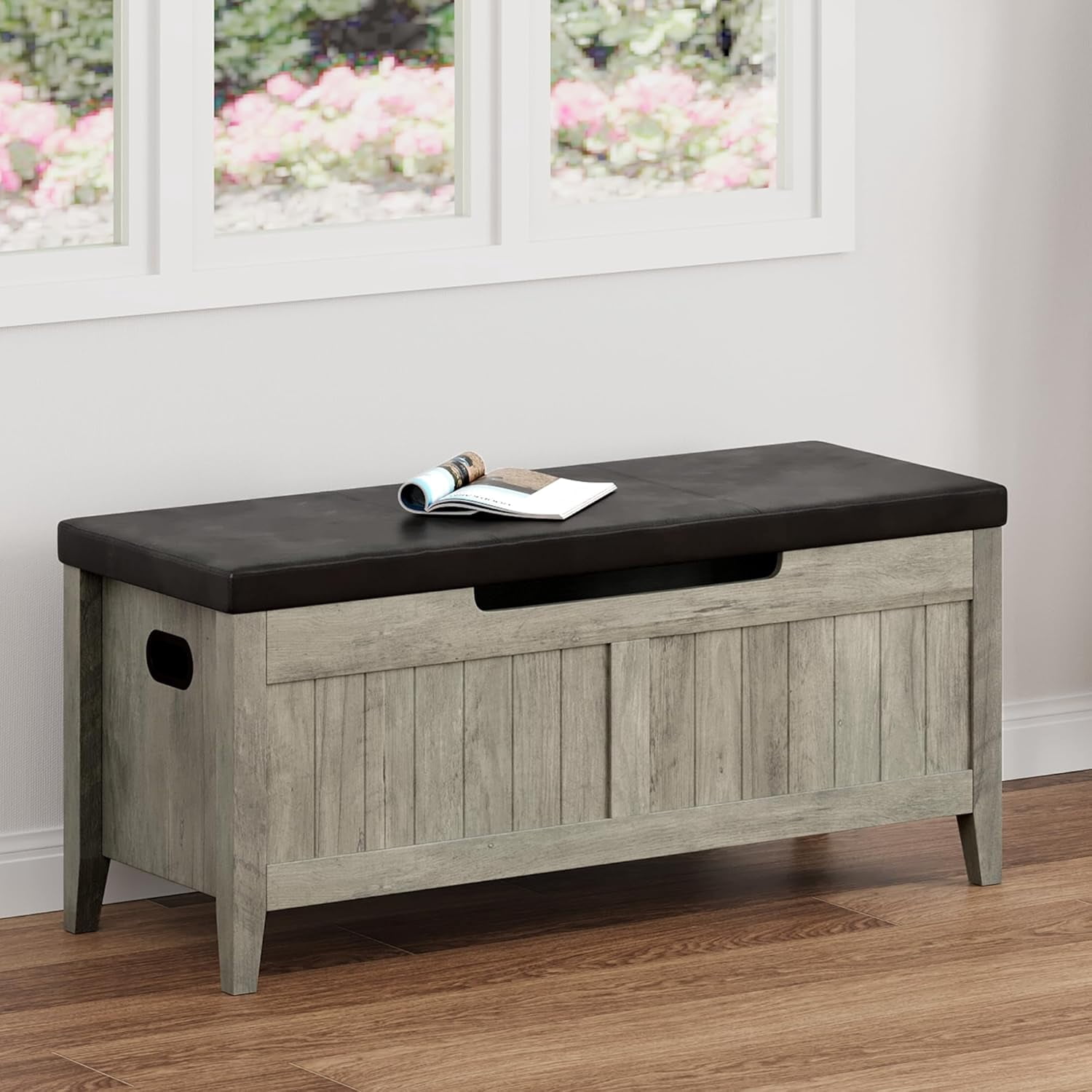 Garvee Wooden Storage Bench with Cushion, Entryway Seat with 2 Safety ...
