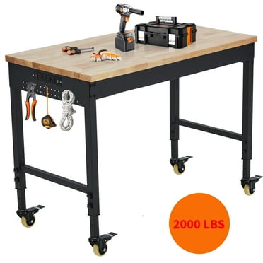 Odaof 48” Solid Wood Workbench, Wheels, Drawers, Adjustable Height ...