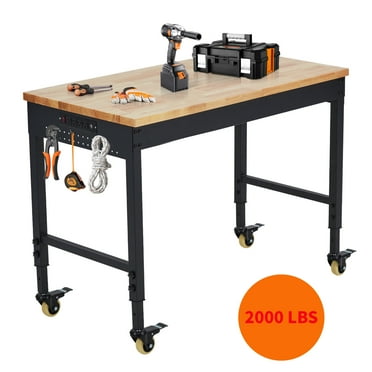 Odaof 48” Solid Wood Workbench, Wheels, Drawers, Adjustable Height ...