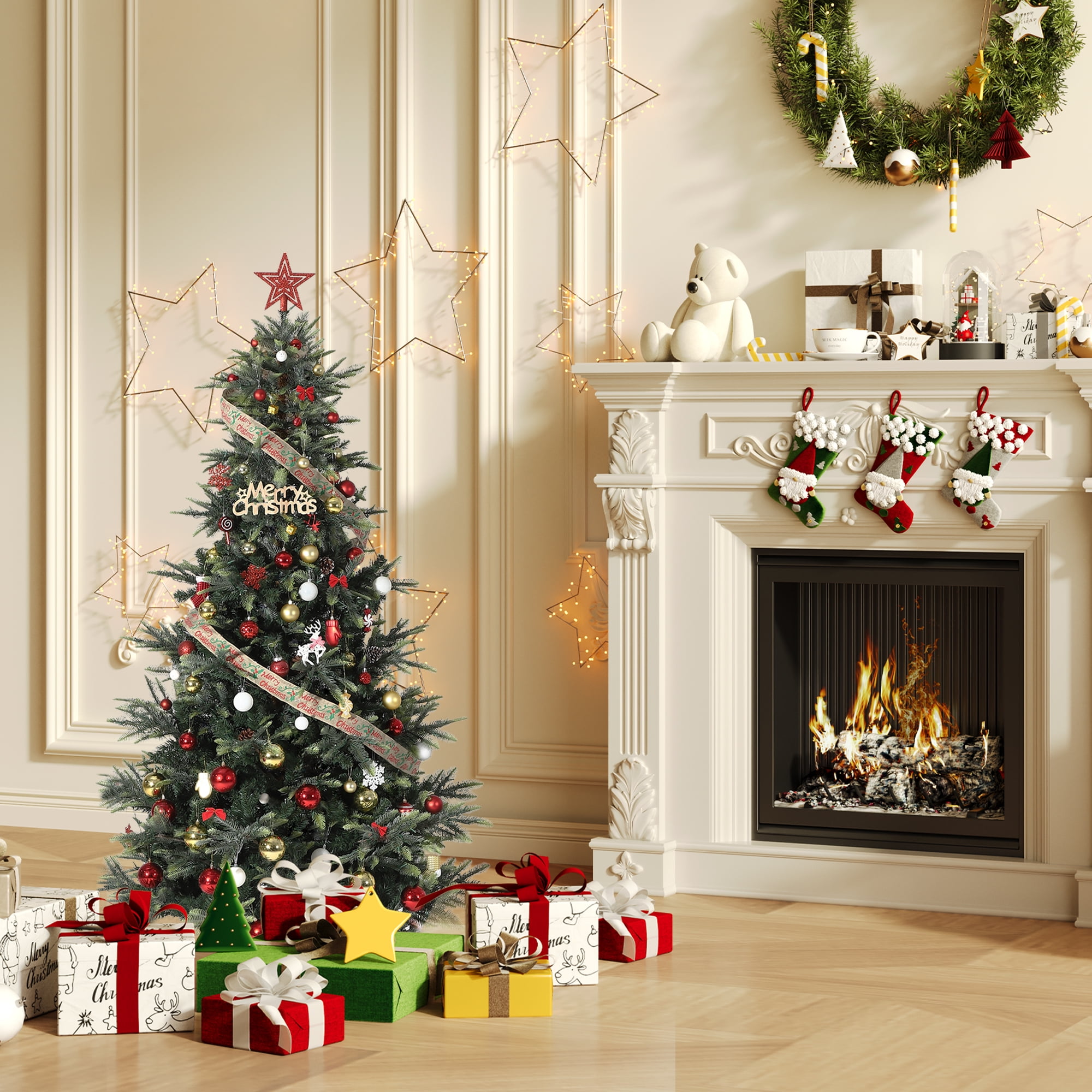 GarveeHome 4.5ft Pre-Lit Slim Aspen Fir Artificial Christmas Tree with ...