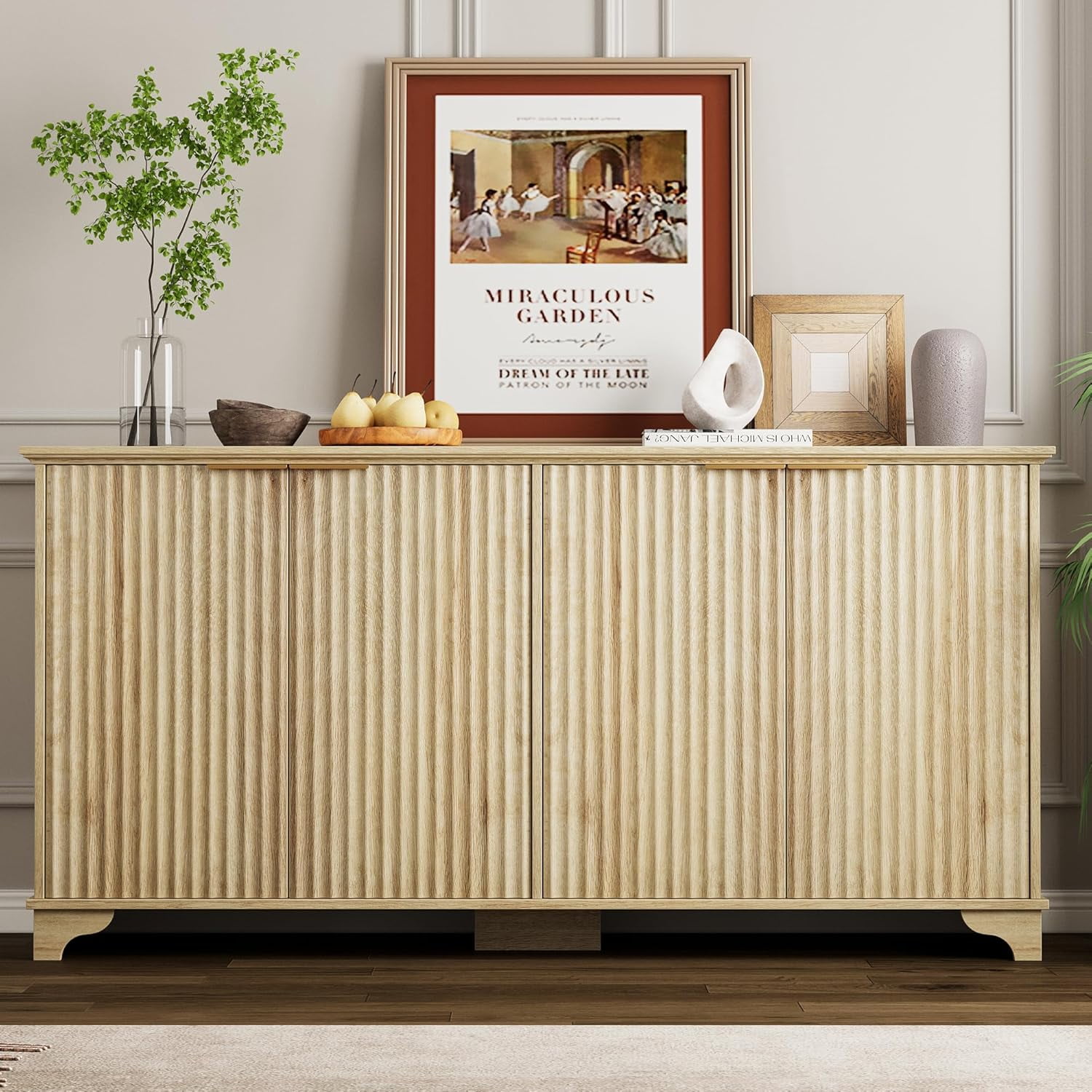 GarveeHome 61 in Large Buffet Sideboard Cabinet with 4 Fluted Doors and ...