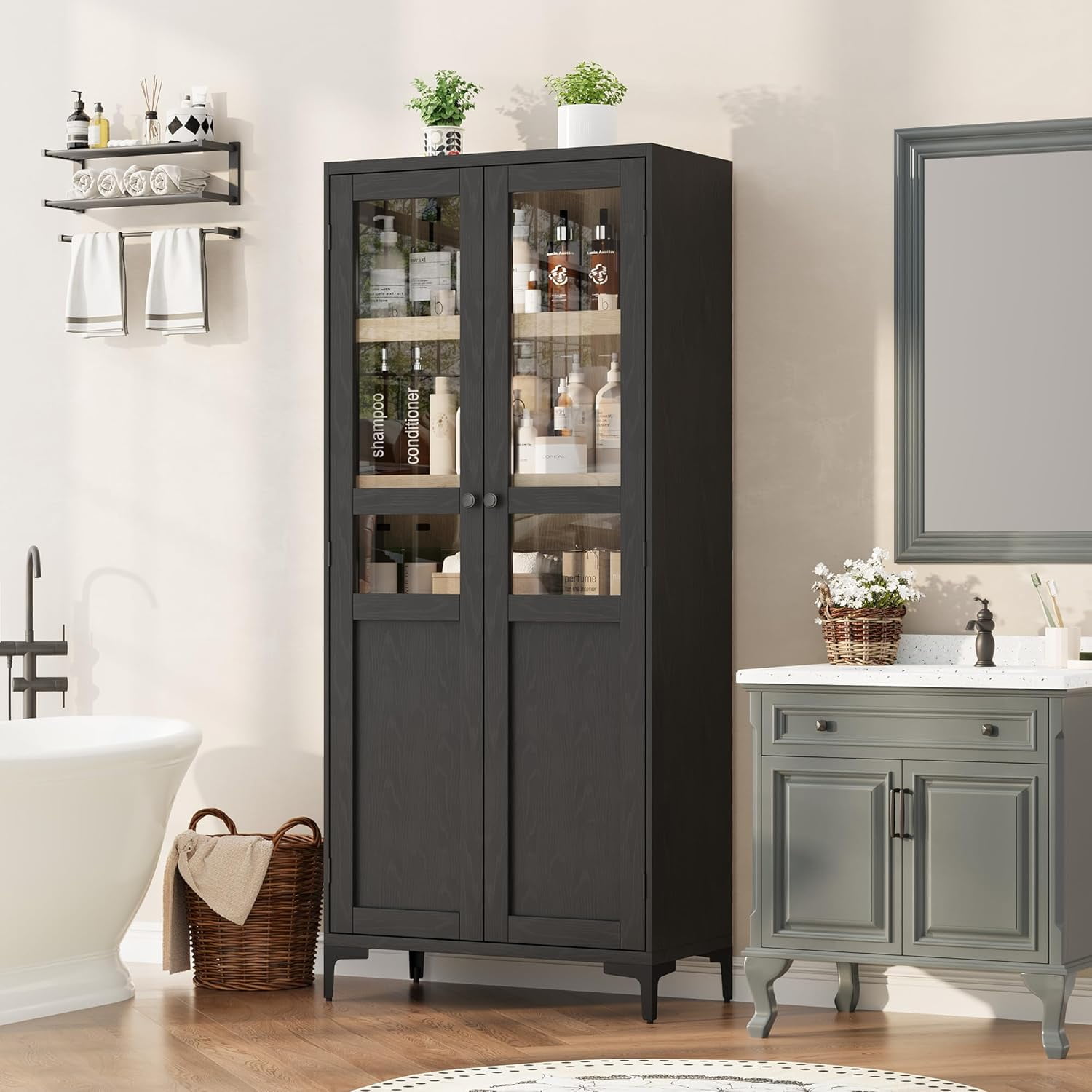 Tall Storage Cabinet With Glass Doors And Shelves
