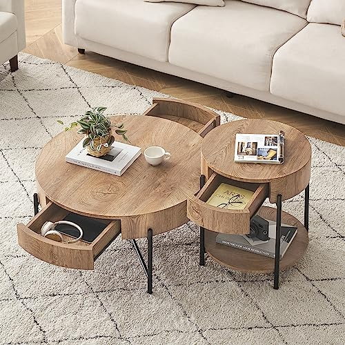 GarveeHome End Table Round Side Table with Drawer Circle End Tables Wooden Bedside Table ...