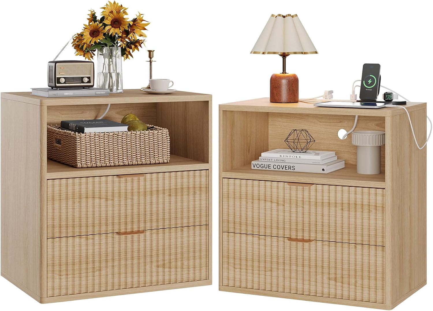 GarveeHome Fluted Farmhouse Night Stand with Charging Station, 23" Mid ...