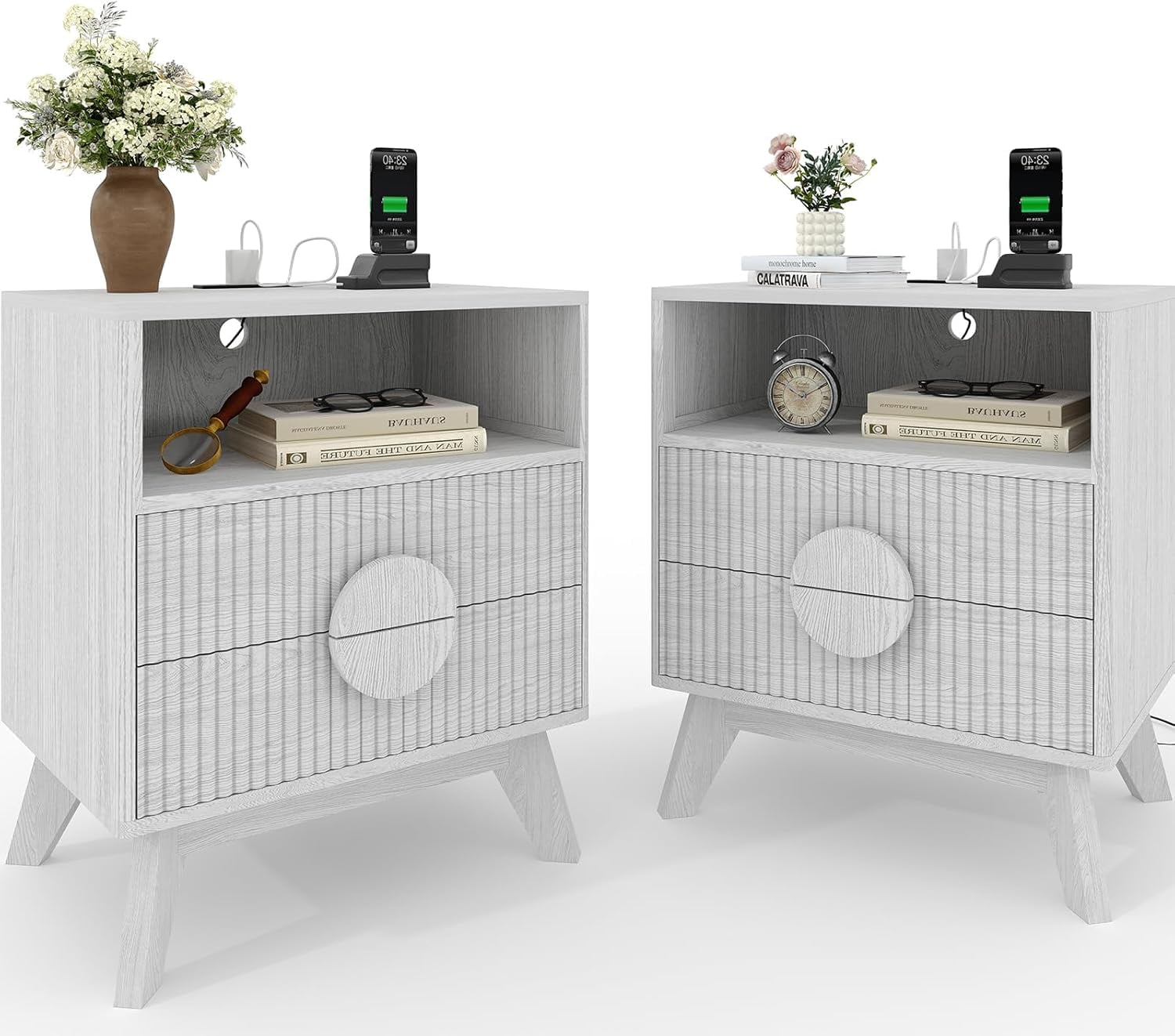 GarveeHome Fluted Night Stand Set of 2, Wood Tall Nightstands with ...