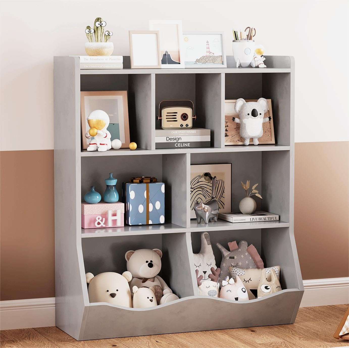 GarveeHome Grey Toy Storage Cabinet, Three-Tier Kids Bookshelf and ...