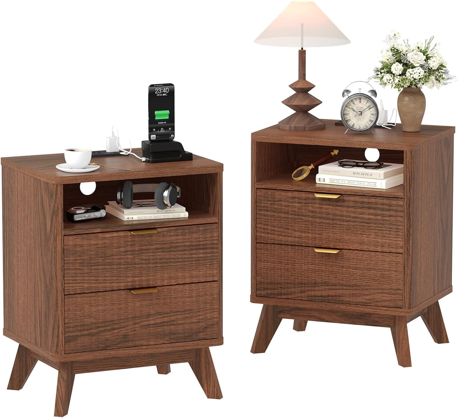 GarveeHome Modern Fluted Night Stands Set of 2, Nightstands with USB ...