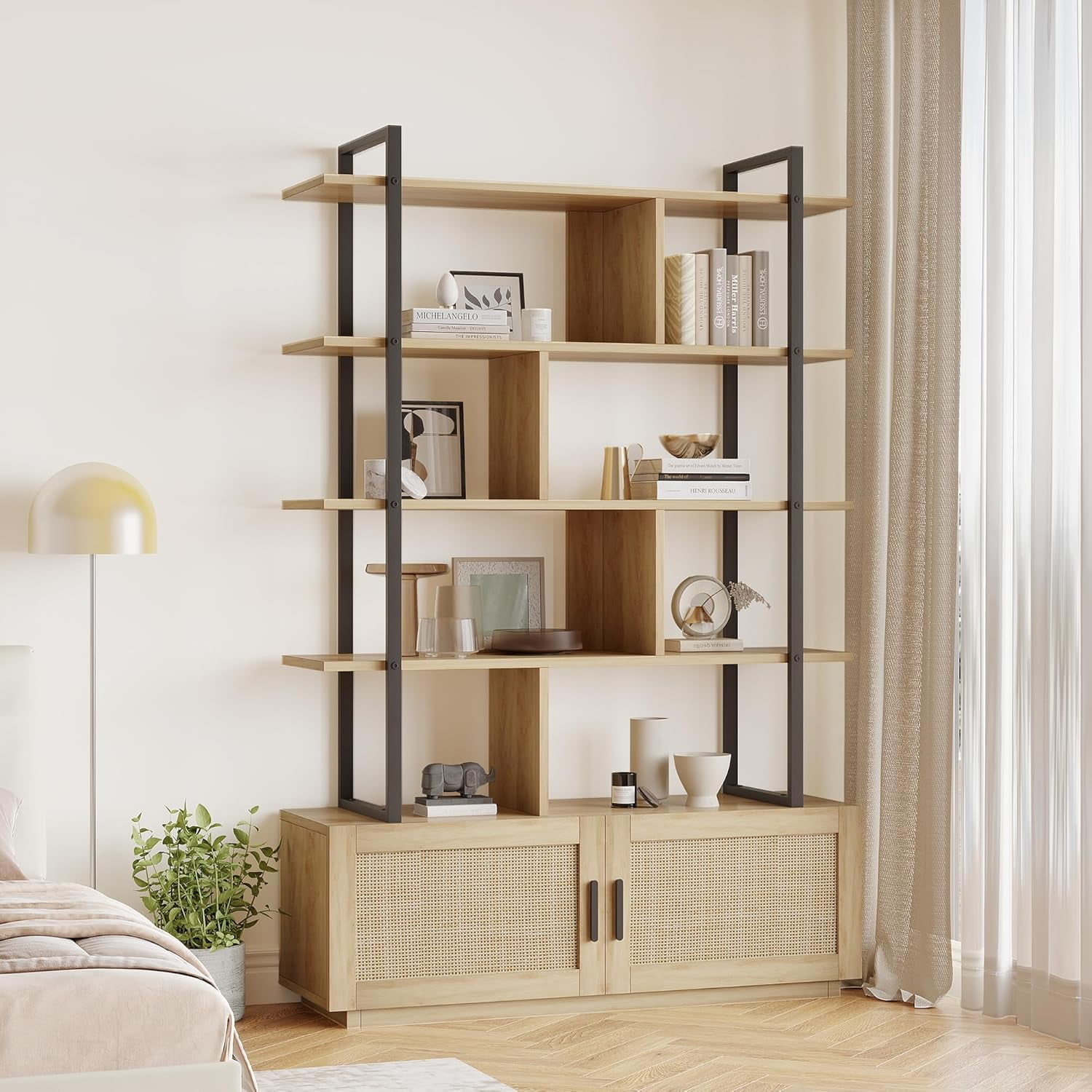 GarveeHome Rattan Bookshelf,71.1 Inch Tall Industrial Bookcase with ...