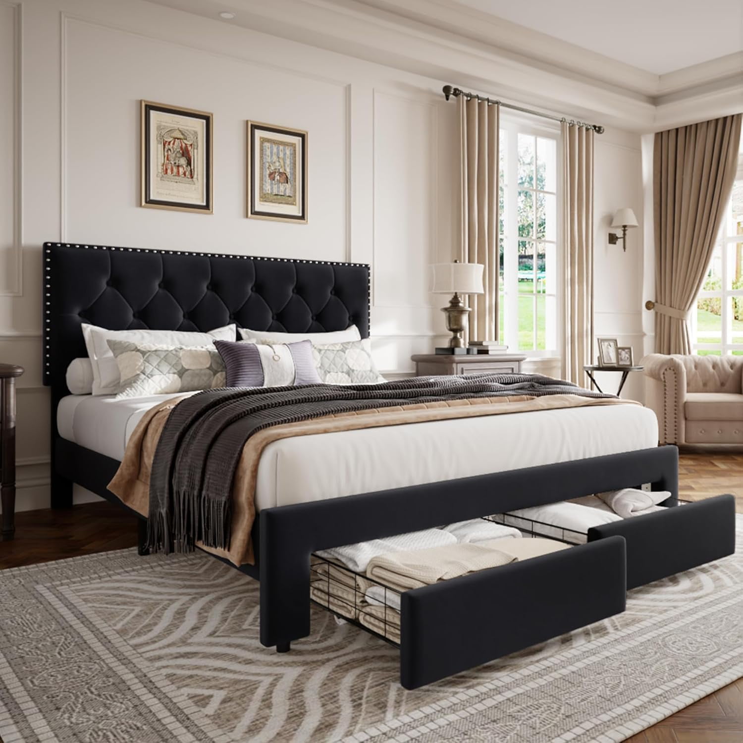 GarveeHome Upholstered Queen Size Bed Frame with 2 Storage Drawers ...