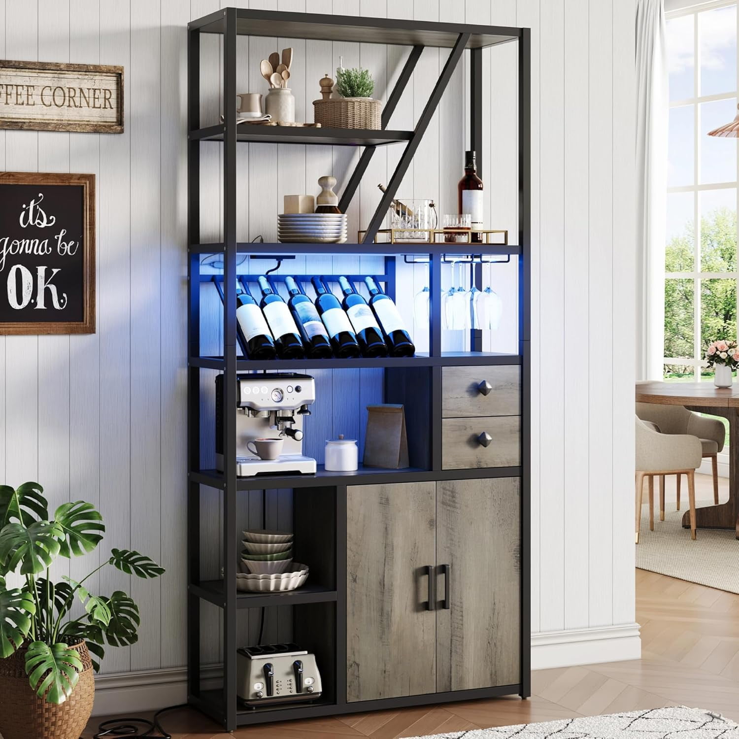 GarveeHome Wine Bar Cabinet with LED Lights, Tall Coffee Bar Station ...