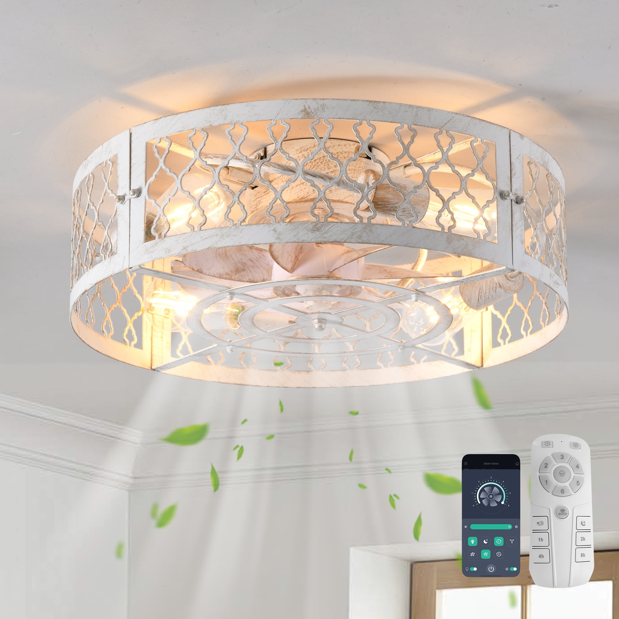 Garwarm 19.6'' Caged Ceiling Fan with Light, White Industrial Bladeless ...