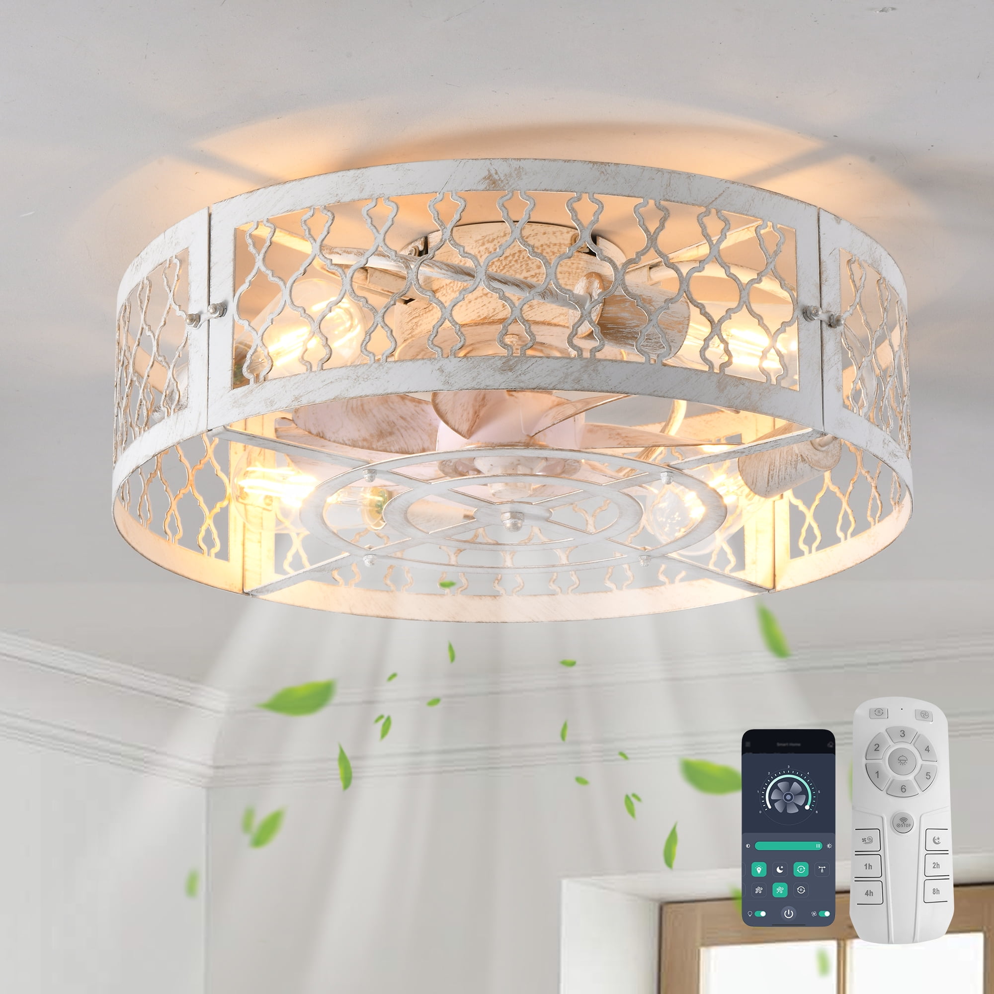 Garwarm 19.6'' Caged Ceiling Fan with Light, White Industrial Bladeless ...