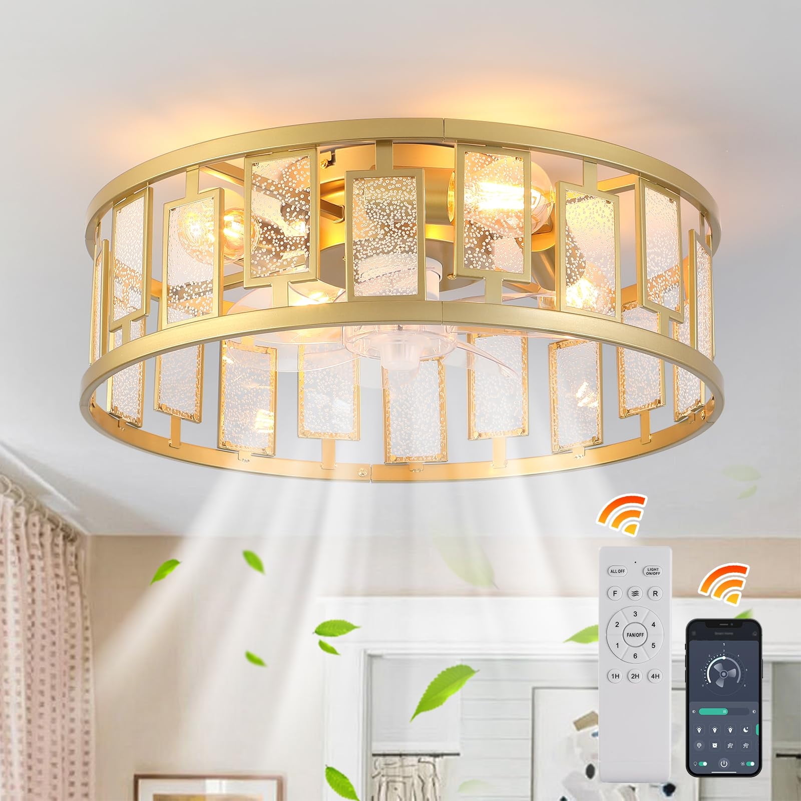 Garwarm 20'' Caged Ceiling Fan with Light, Gold Industrial Bladeless ...