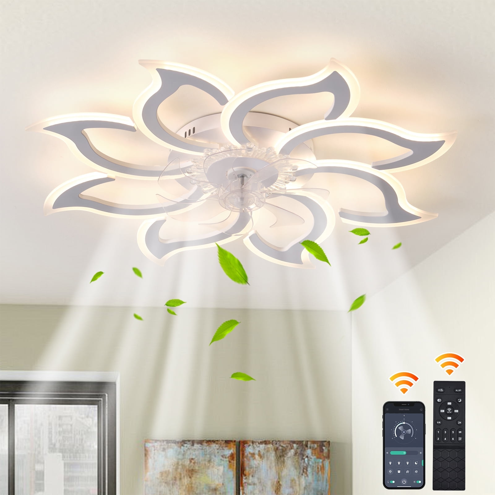 Garwarm 35" White Ceiling Fan with Lights, Flower Ceiling Fan with ...