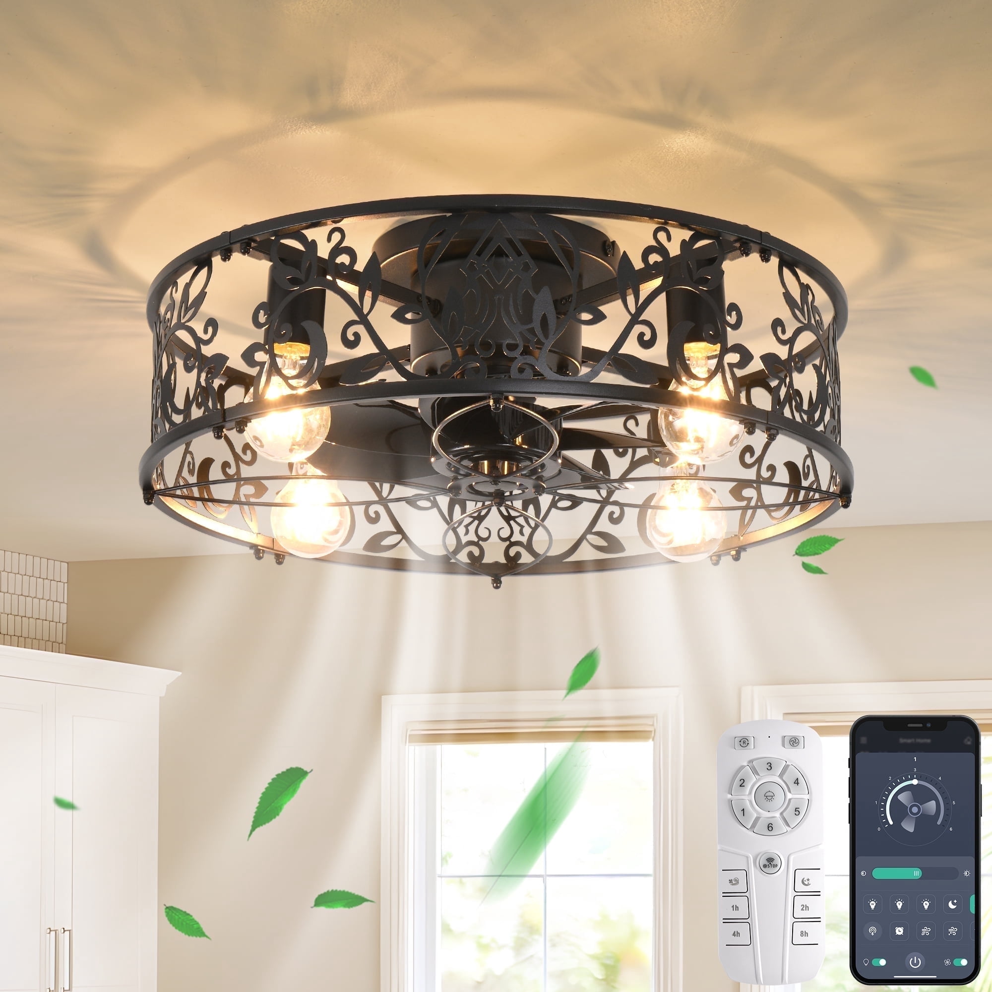 Garwarm Caged Ceiling Fan with Light, Bladeless Fandelier with Remote ...