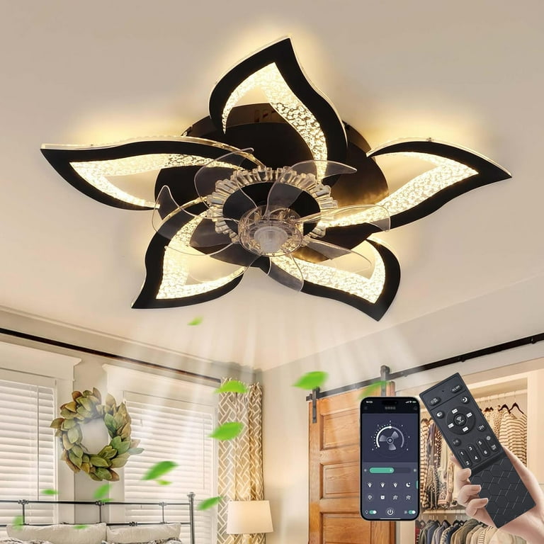 Garwarm 24 Inch Flower Ceiling Fans with Lights Low Profile Flush Mount Dimmable LED for Bedroom Kitchen Black Walmart
