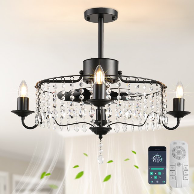 Garwarm 19.6'' Caged Ceiling Fan with Light, Black Bladeless Crystals ...